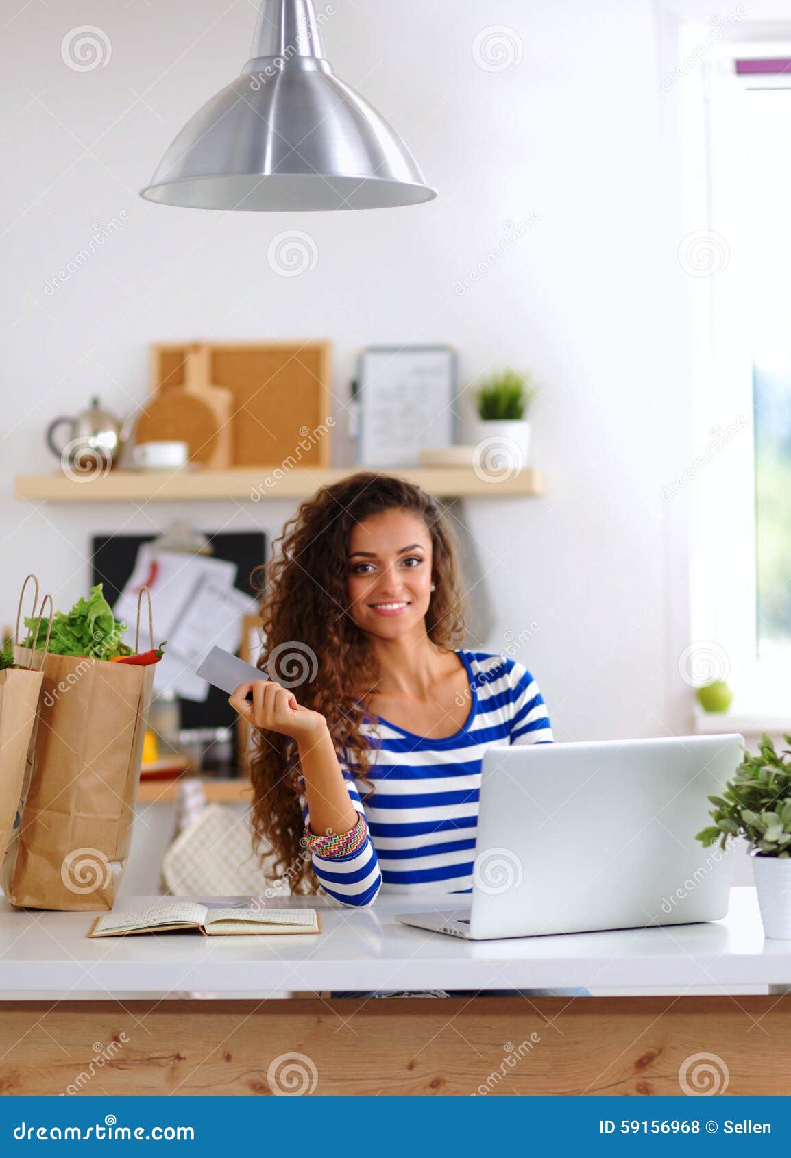 Smiling Woman Online Shopping Using Computer and Stock Photo - Image of ...