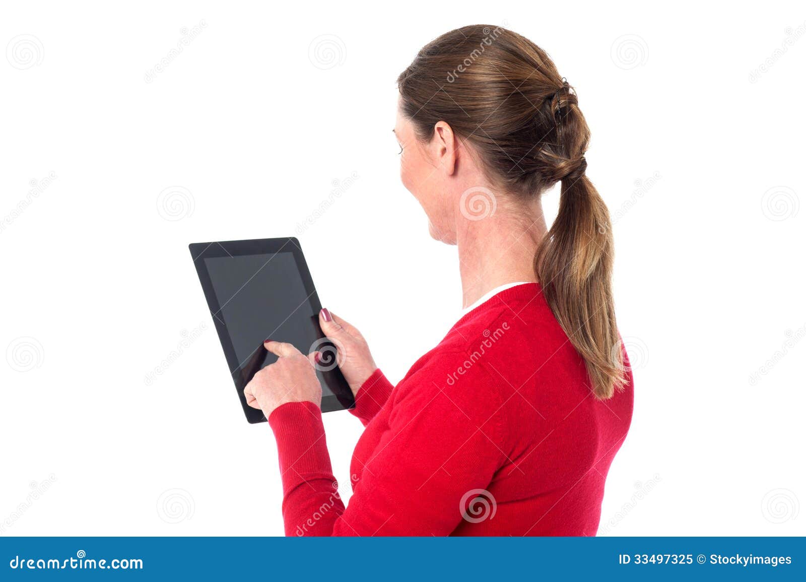 Smiling Woman Operating Touch Pad Device Stock Image - Image of lovely ...