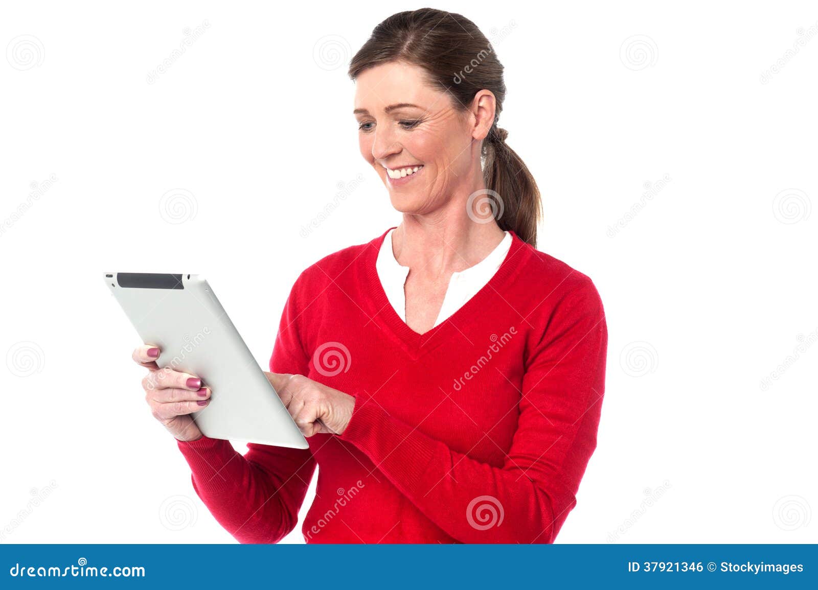 Smiling Woman Operating Touch Pad Device Stock Photo - Image of ...