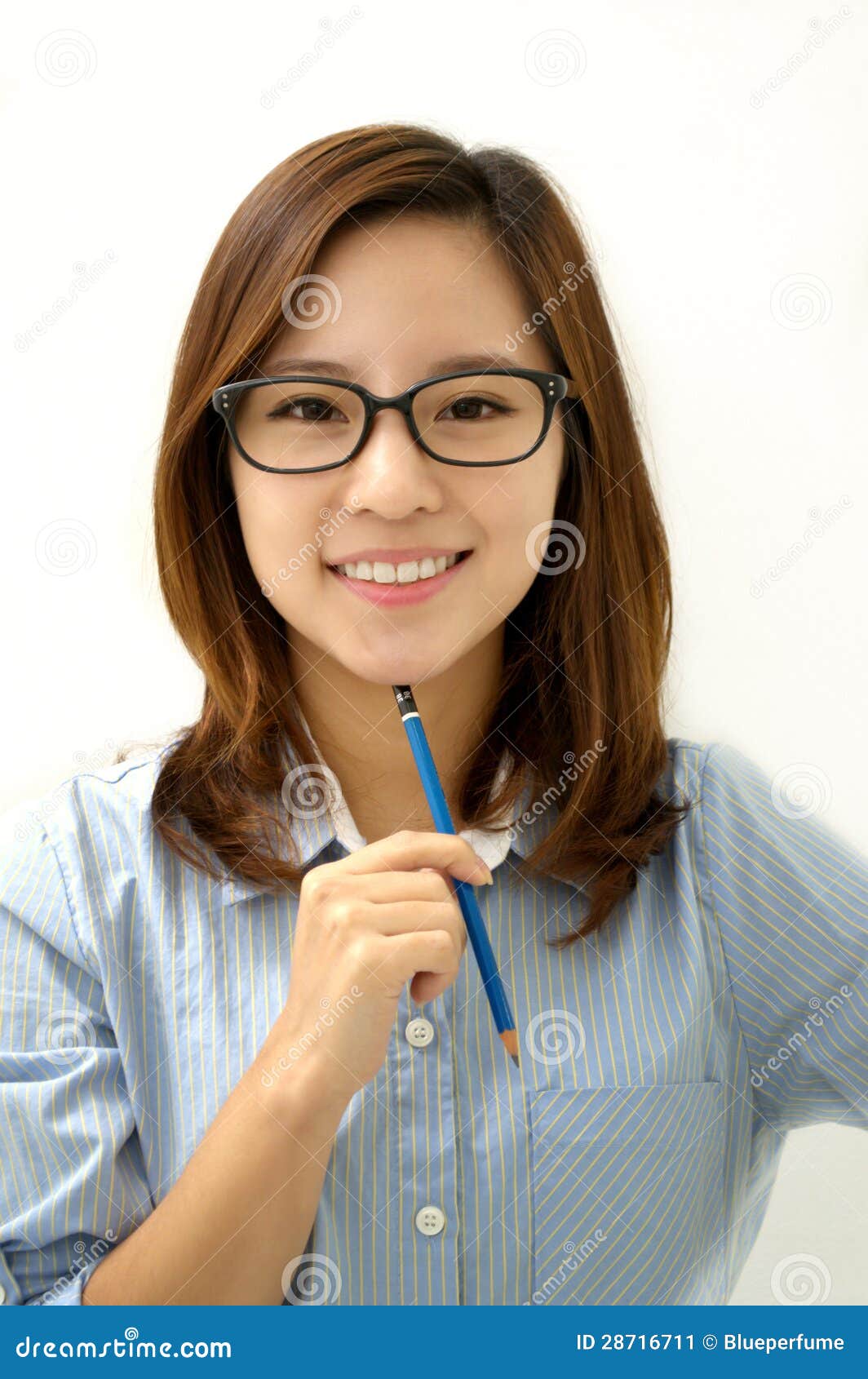 Smiling woman with a pen stock image. Image of development - 28716711