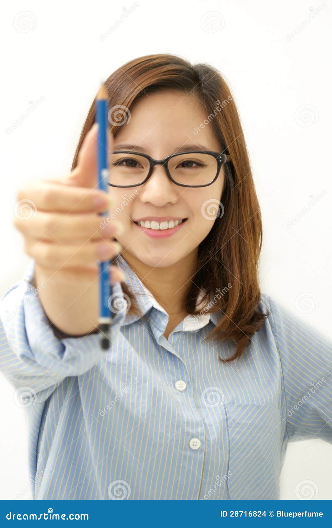 Smiling woman with a pen stock photo. Image of beautiful - 28716824