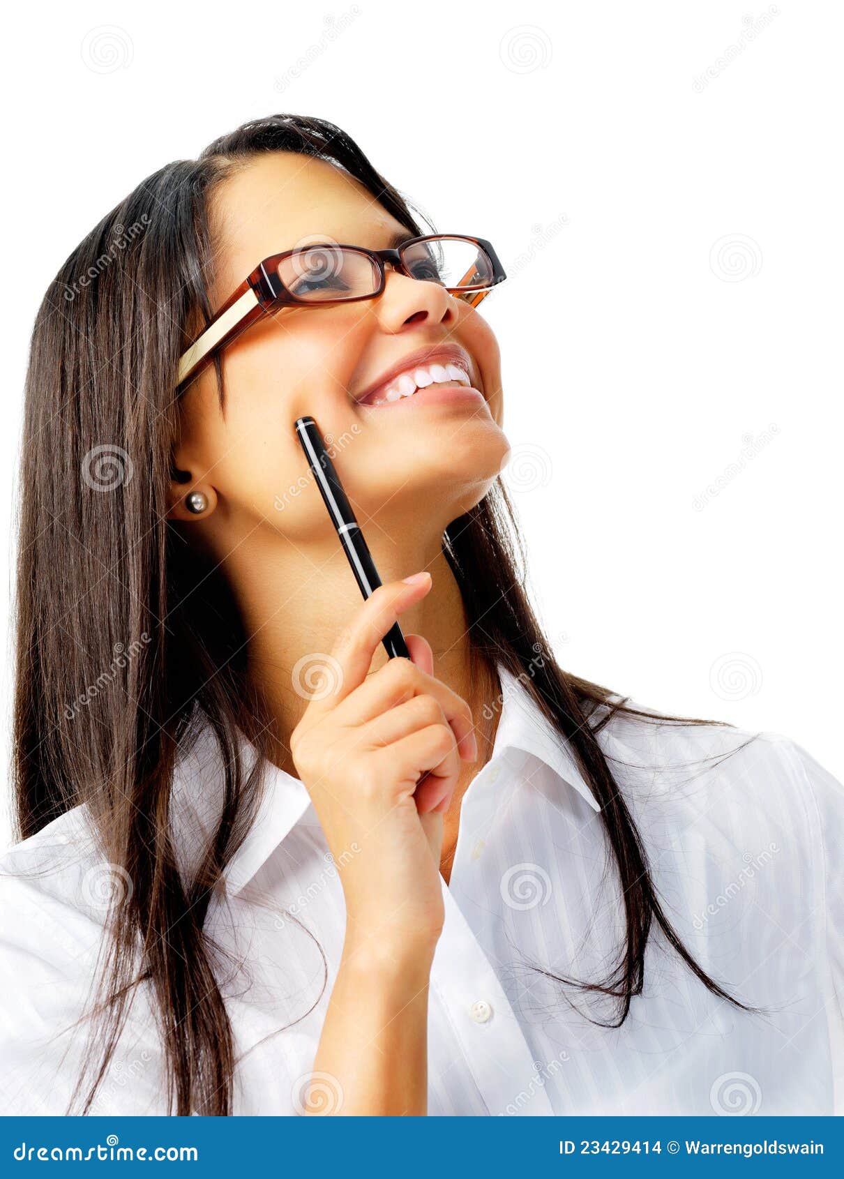 Smiling Woman with Pen and Glasses Stock Photo - Image of corporate ...