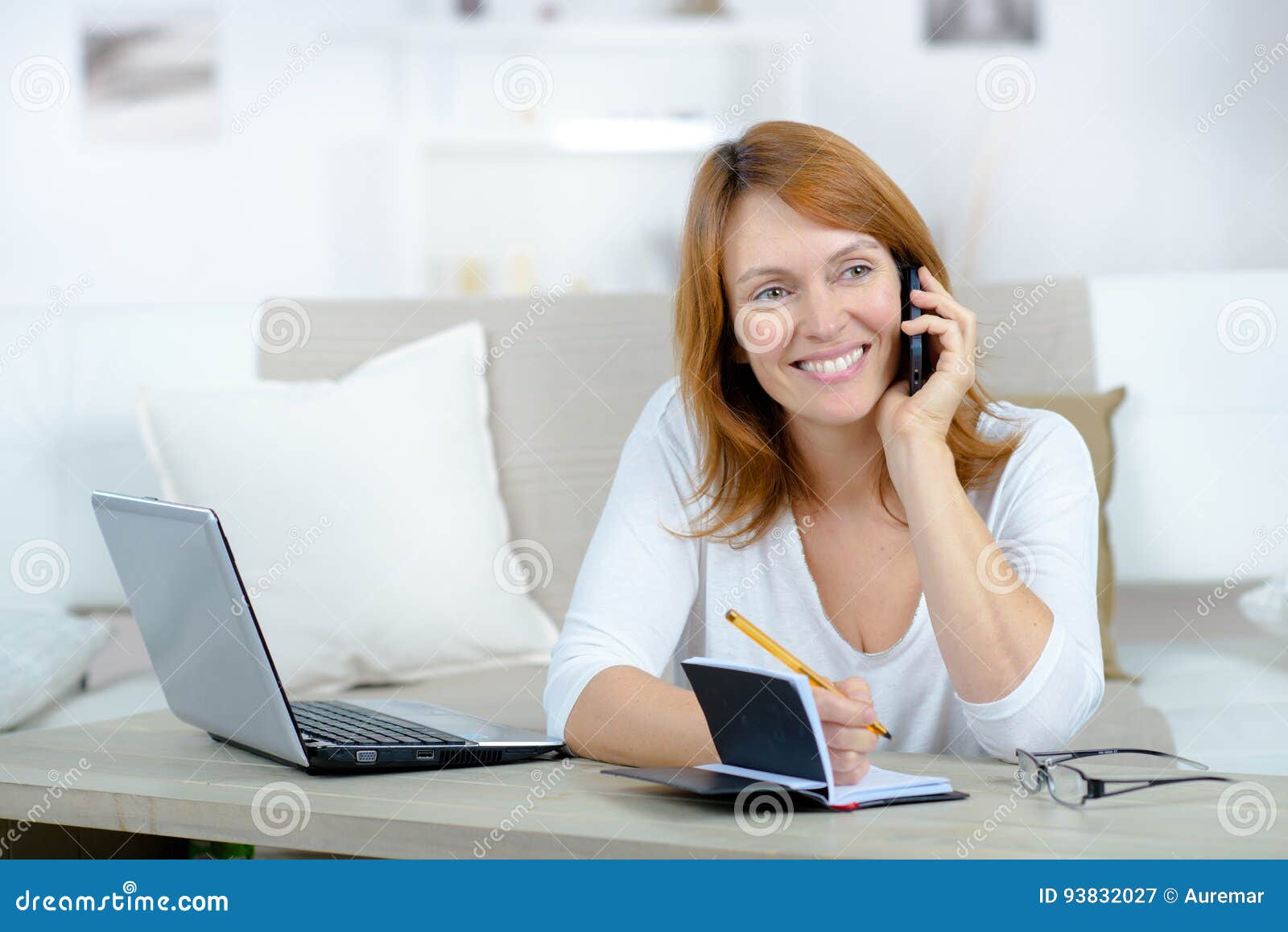 Smiling Woman on Phone Call Using Laptop Stock Image - Image of happy ...