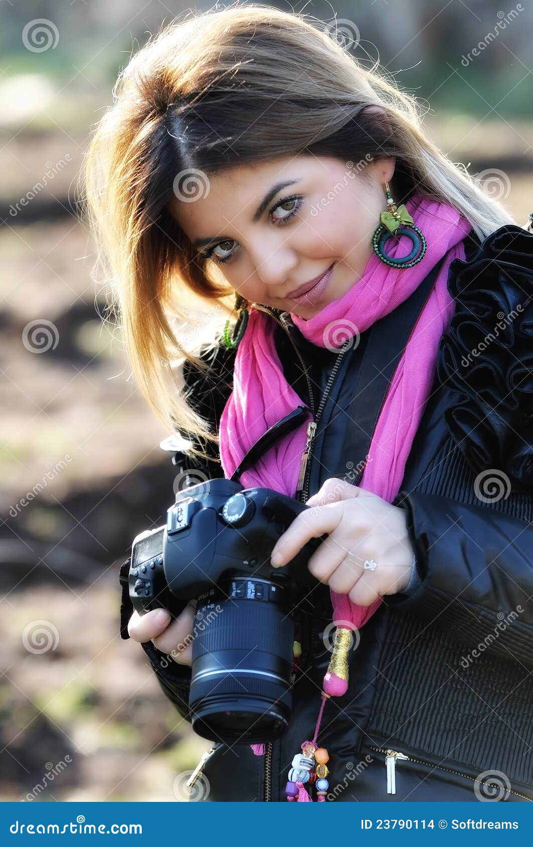 Smiling Woman and Photo Camera Stock Photo - Image of cheerful, hobby ...