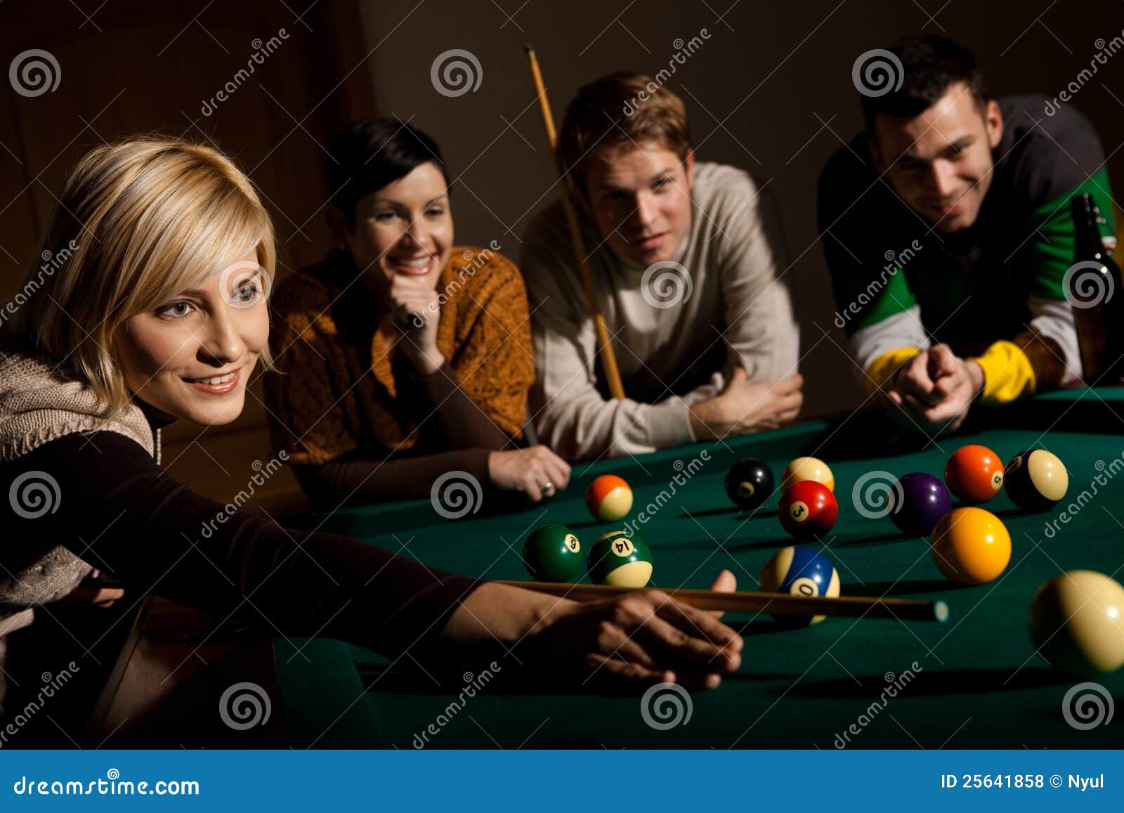 Smiling Woman Playing Snooker Stock Photo - Image of casual, game: 25641858