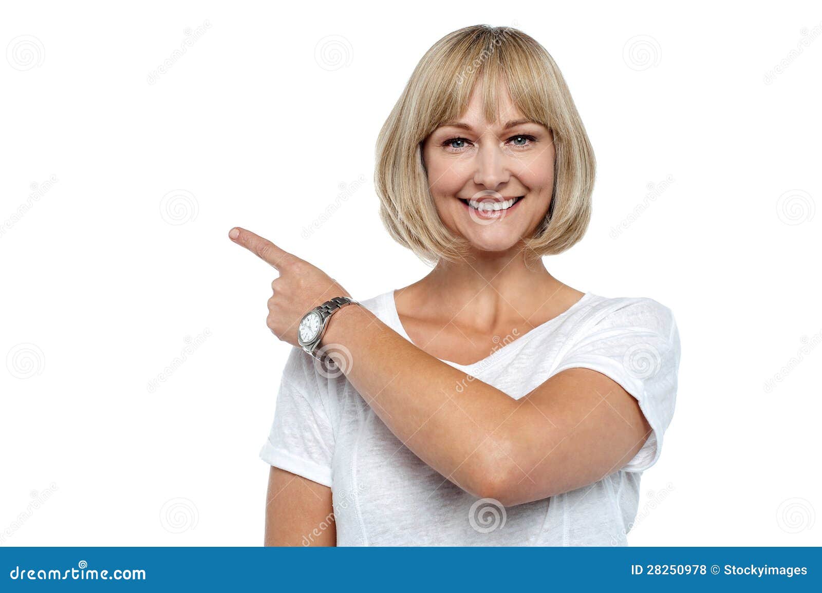 Smiling Woman Pointing Backwards Stock Photo - Image of happy ...