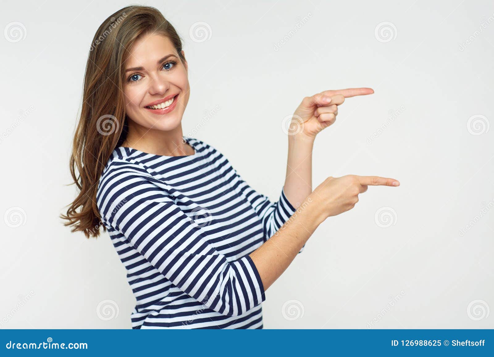 Smiling Woman Pointing Finger Side. Stock Image - Image of lady, posing ... Smiling Woman Pointing Finger Side. Stock Image - Image of lady, posing ...