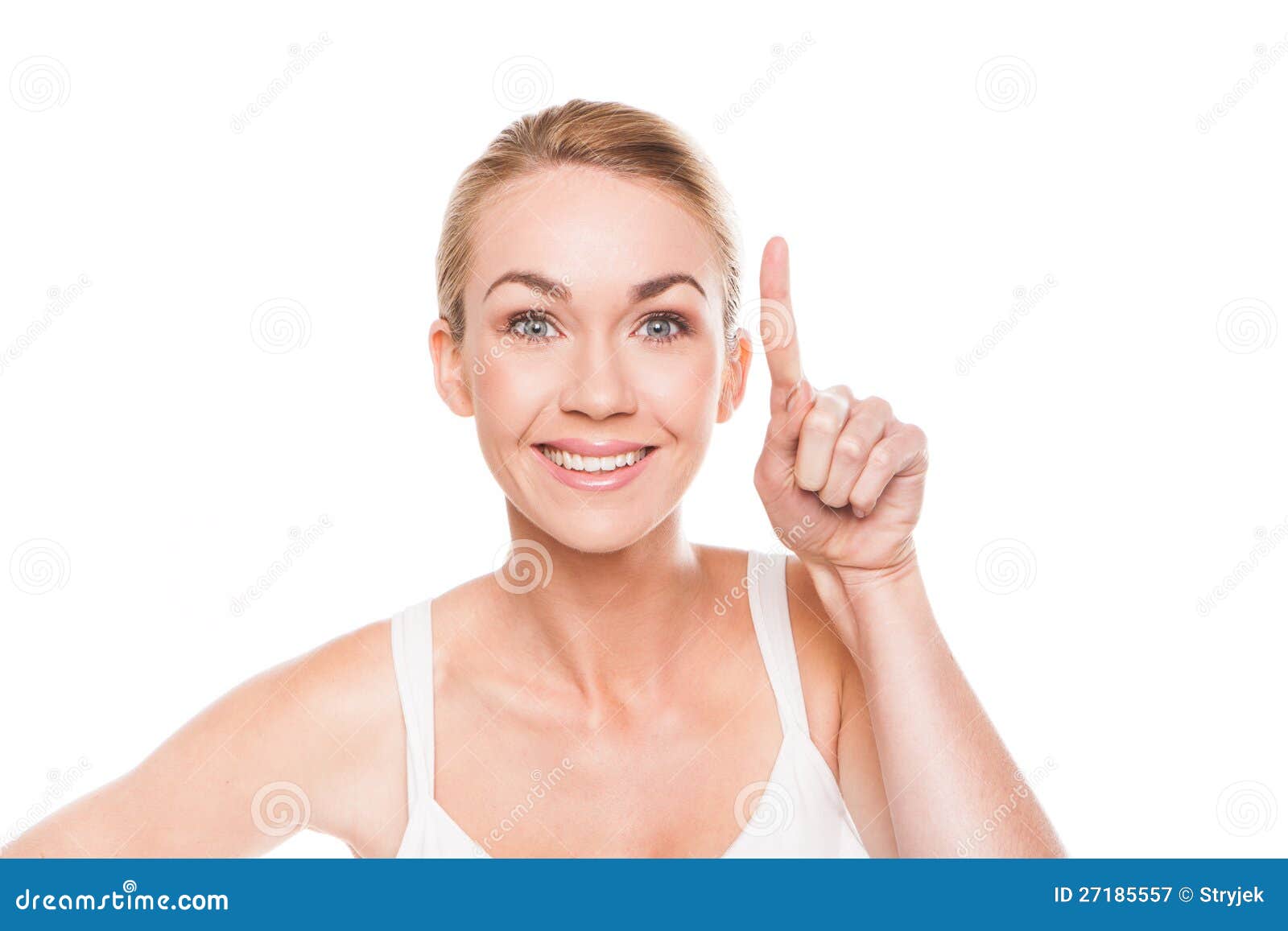 Smiling Woman Pointing with Her Finger Stock Image - Image of copyspace ...