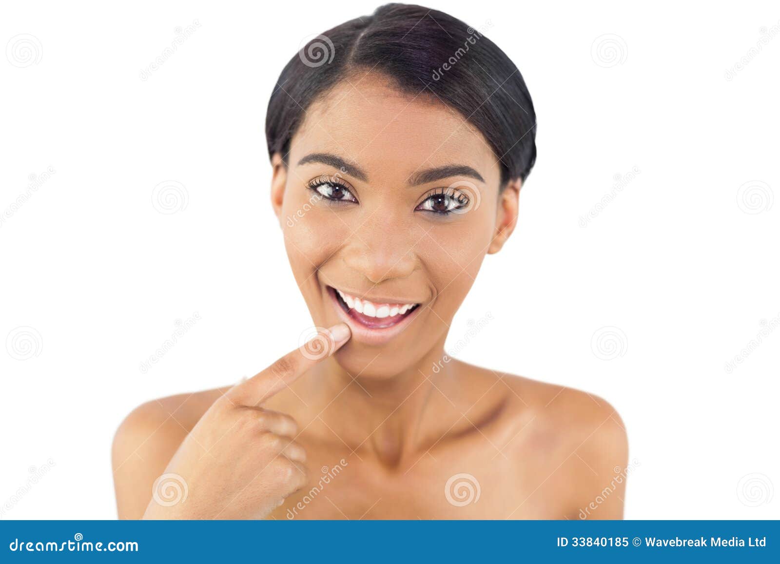 Smiling Woman Pointing at Her Lip Stock Image - Image of gorgeous, shot ...