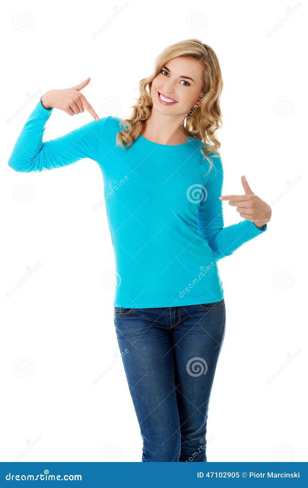 Smiling Woman Pointing at Her Shirt Stock Image - Image of attractive ...