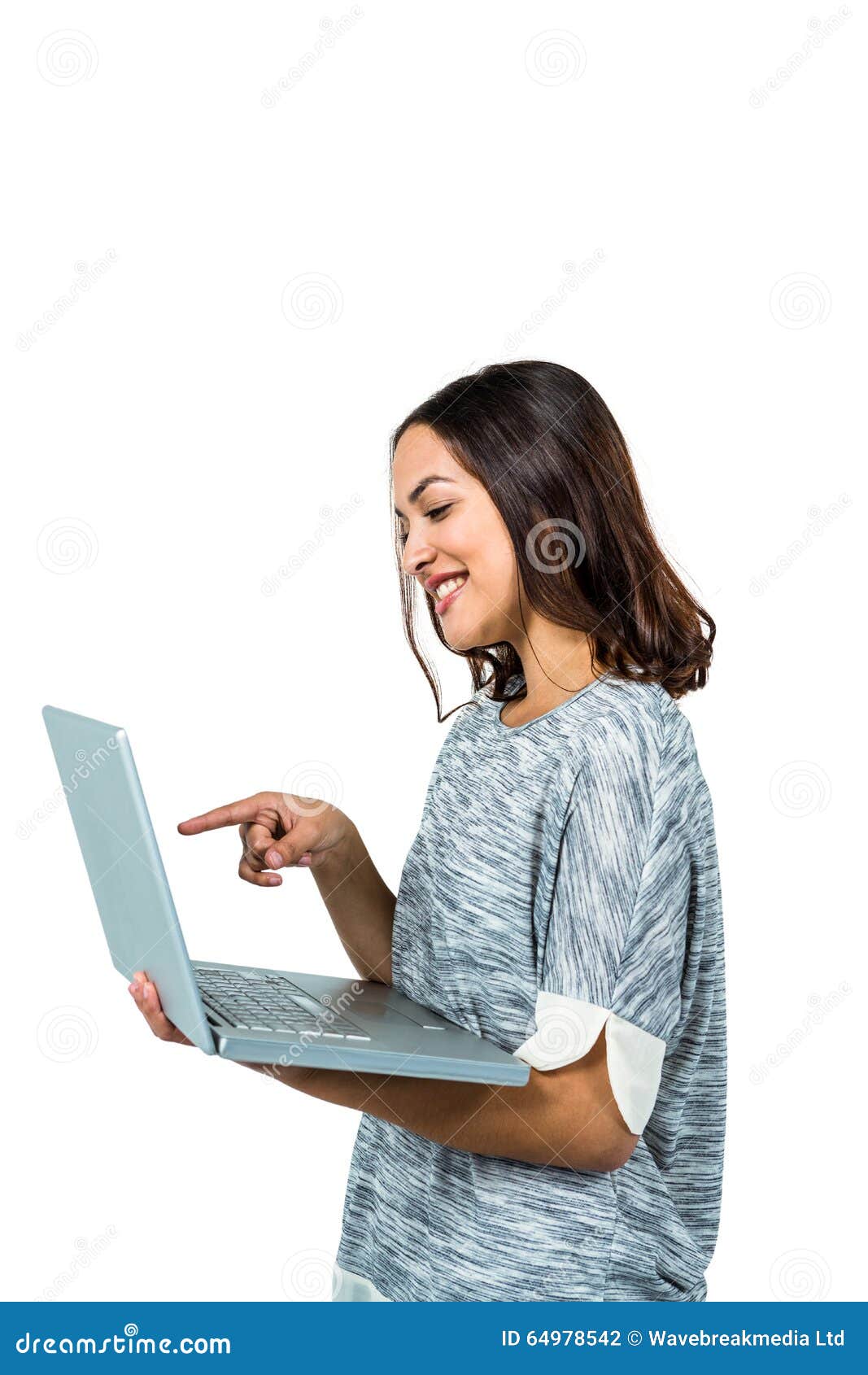 Smiling Woman Pointing at Laptop Stock Photo - Image of holding, joyful ...