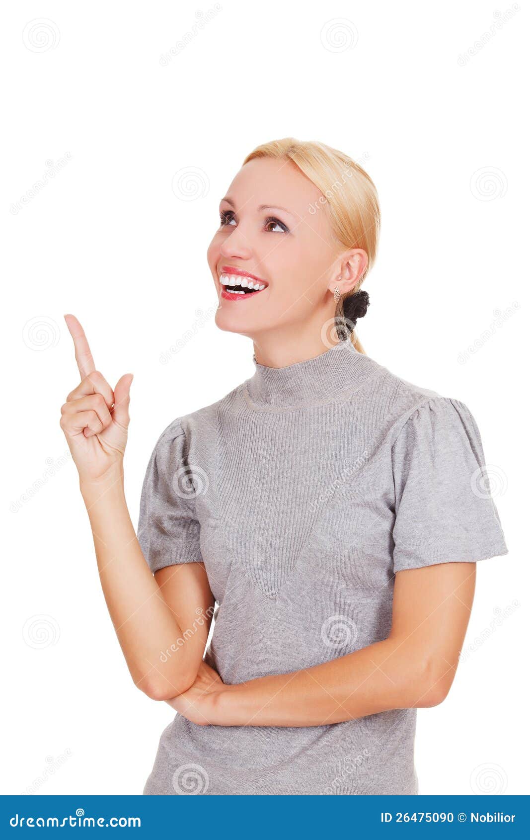 Smiling Woman Pointing at Something Interesting Stock Photo - Image of ...