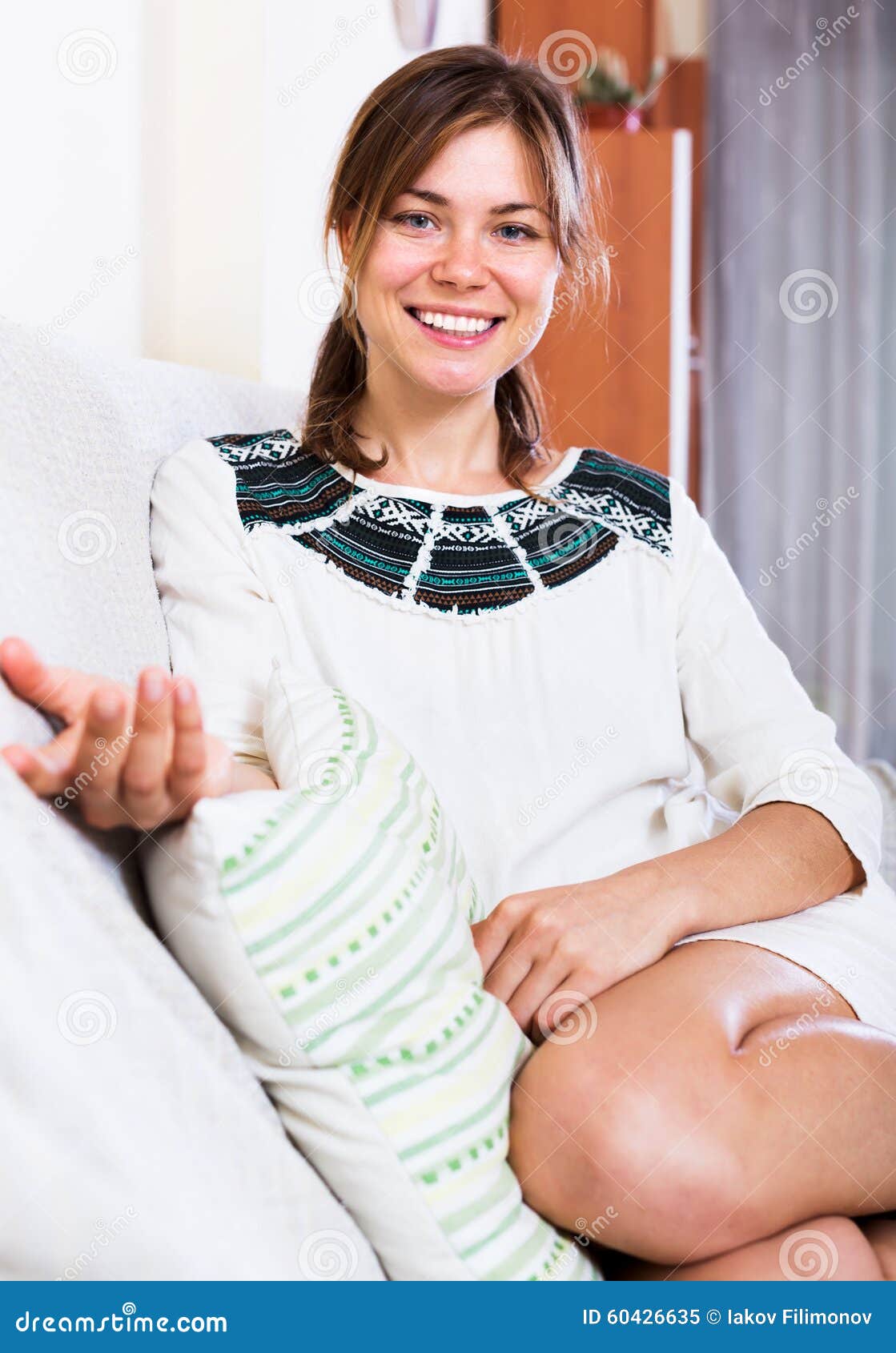 Smiling Woman Posing at Home Stock Image - Image of dress, clothes ...