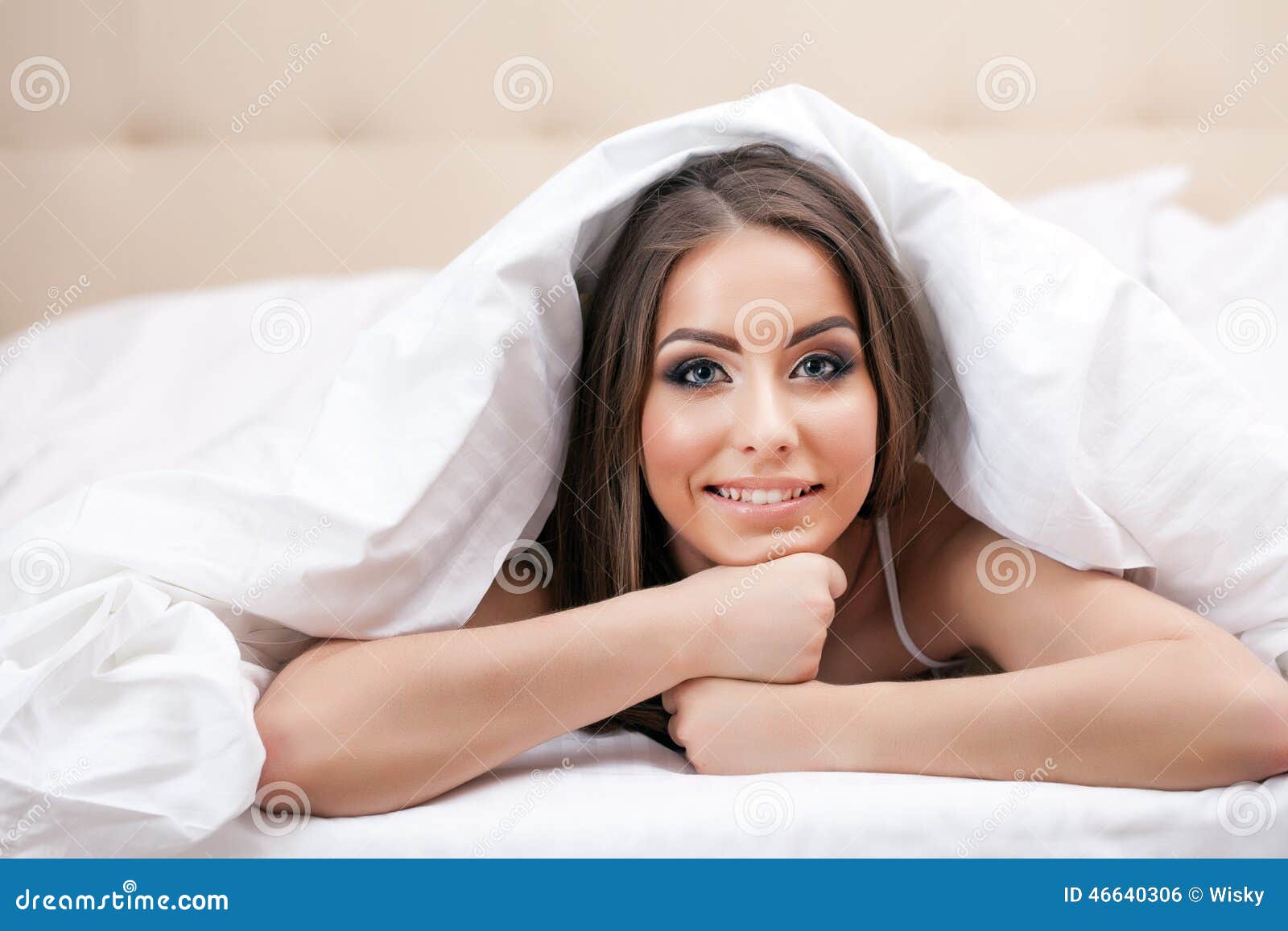 Smiling Woman Posing Under Blanket Stock Photo - Image of slim, model ...