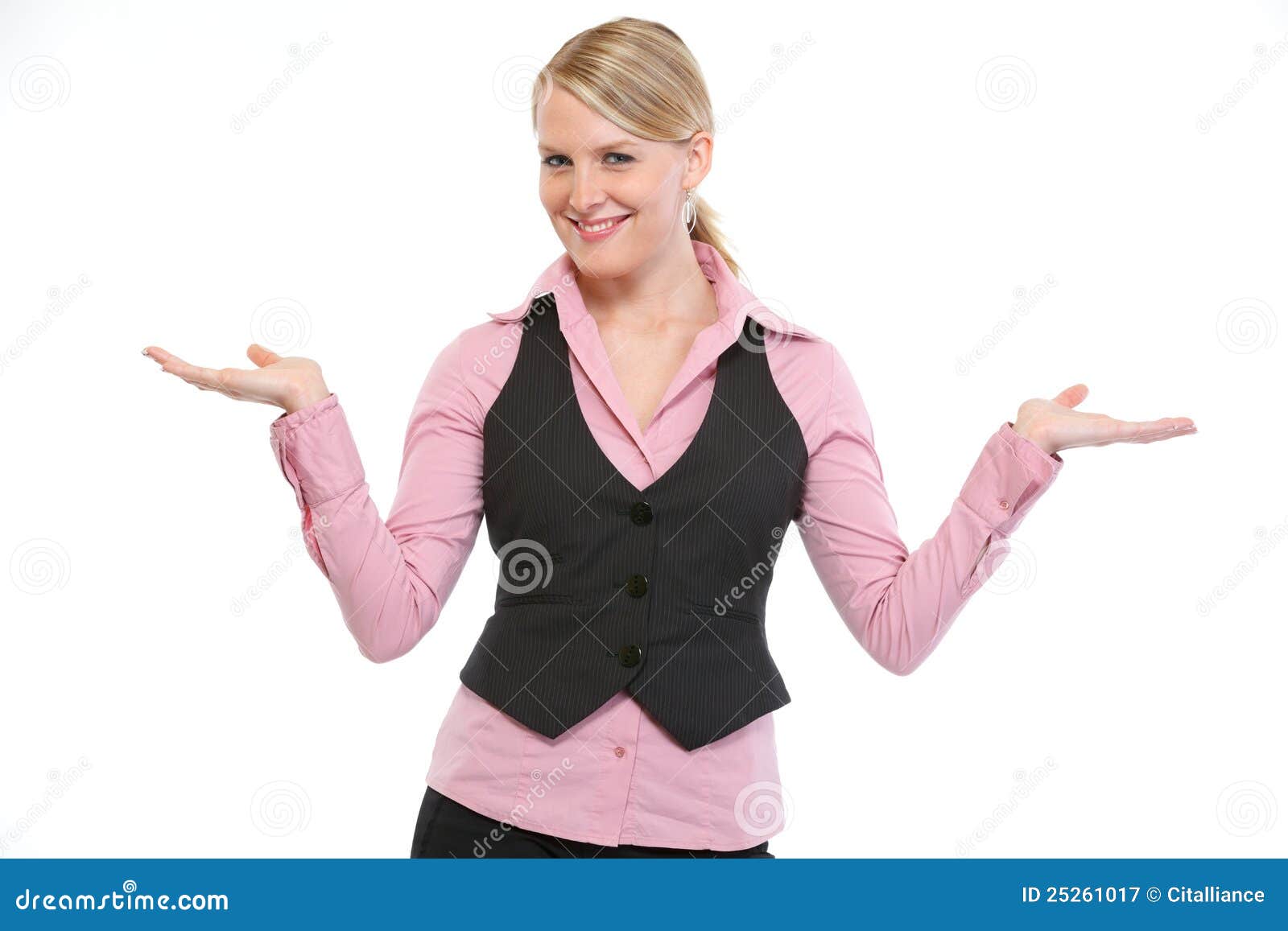 Smiling Woman Presenting Something on Empty Hands Stock Image - Image ...