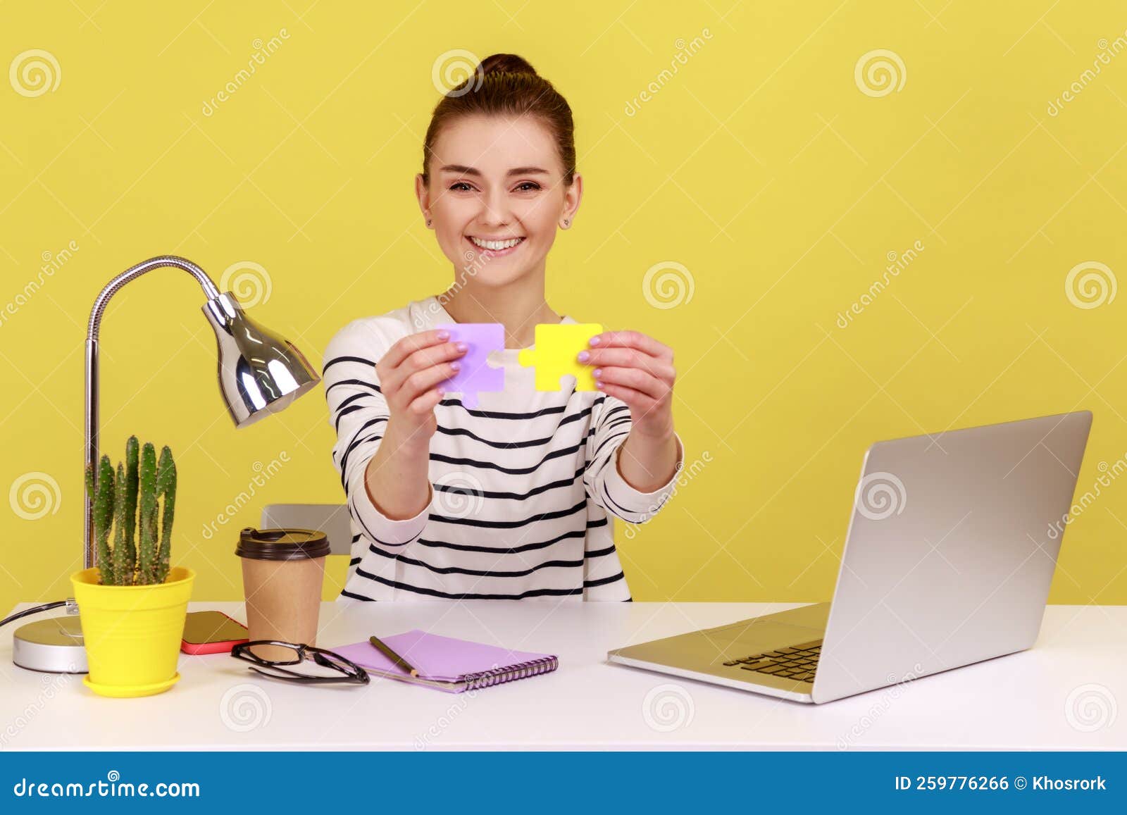 Smiling Woman Putting Together Two Colored Pieces of Jigsaw, Easily ...