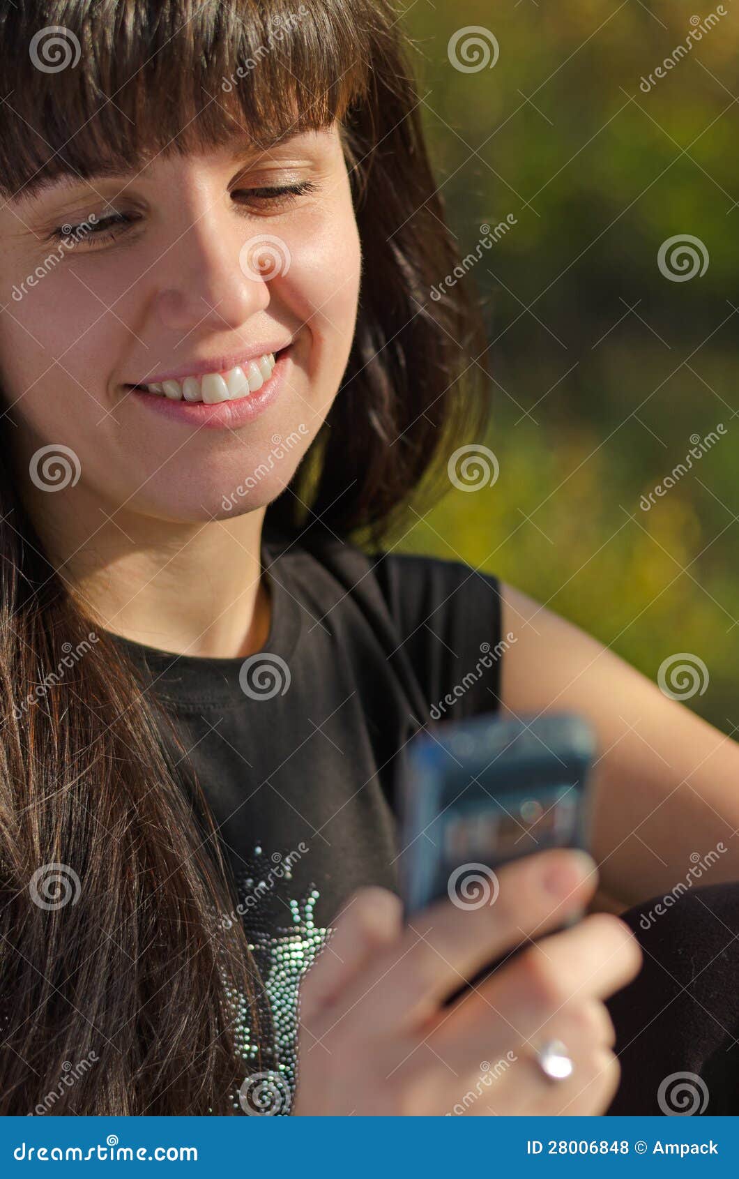 Smiling Woman Reading a Text Stock Photo - Image of handheld, freshness ...