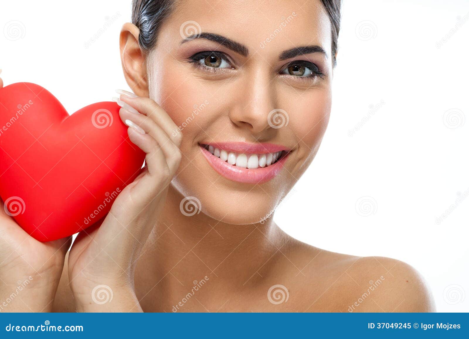 Smiling Woman With Red Heart Stock Image Image Of Ecstatic Portrait