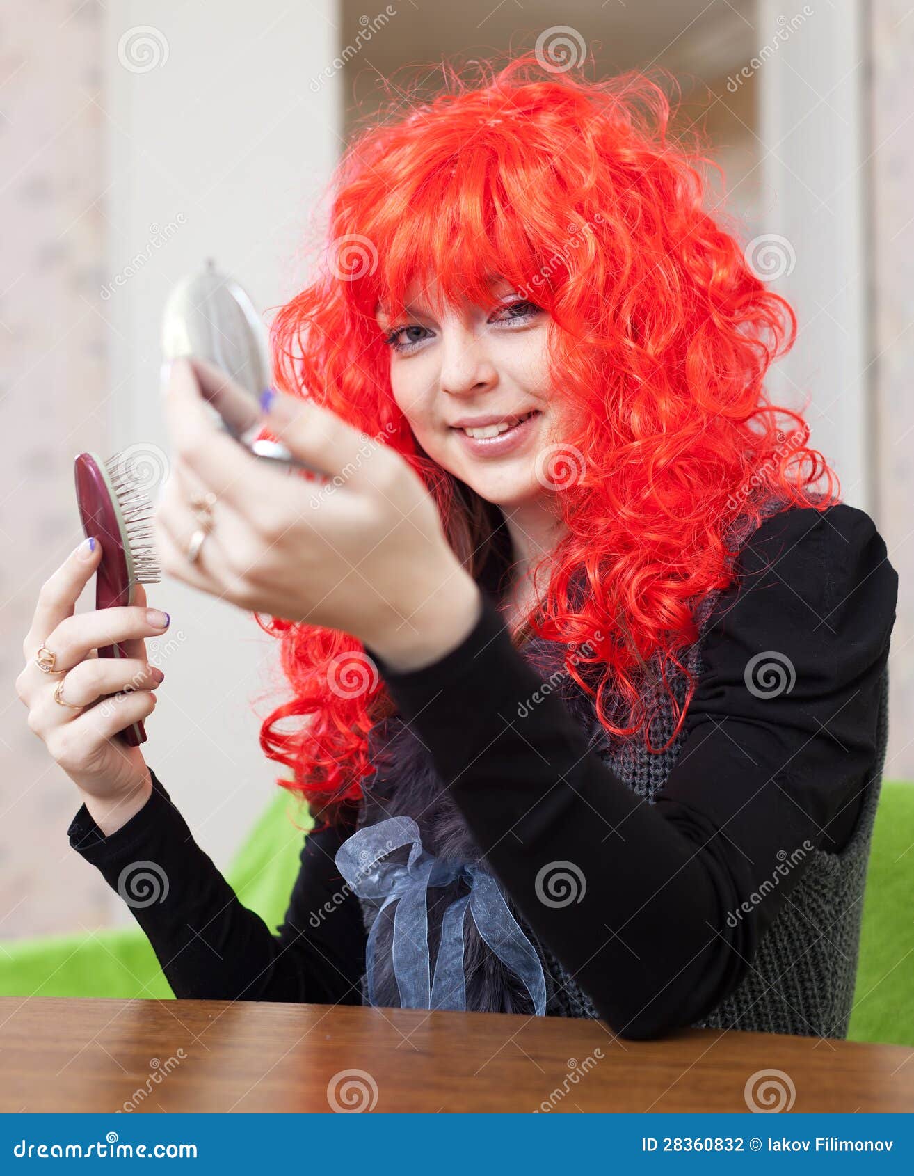 Smiling Woman in Red Periwig Stock Photo - Image of farcical, adult ...