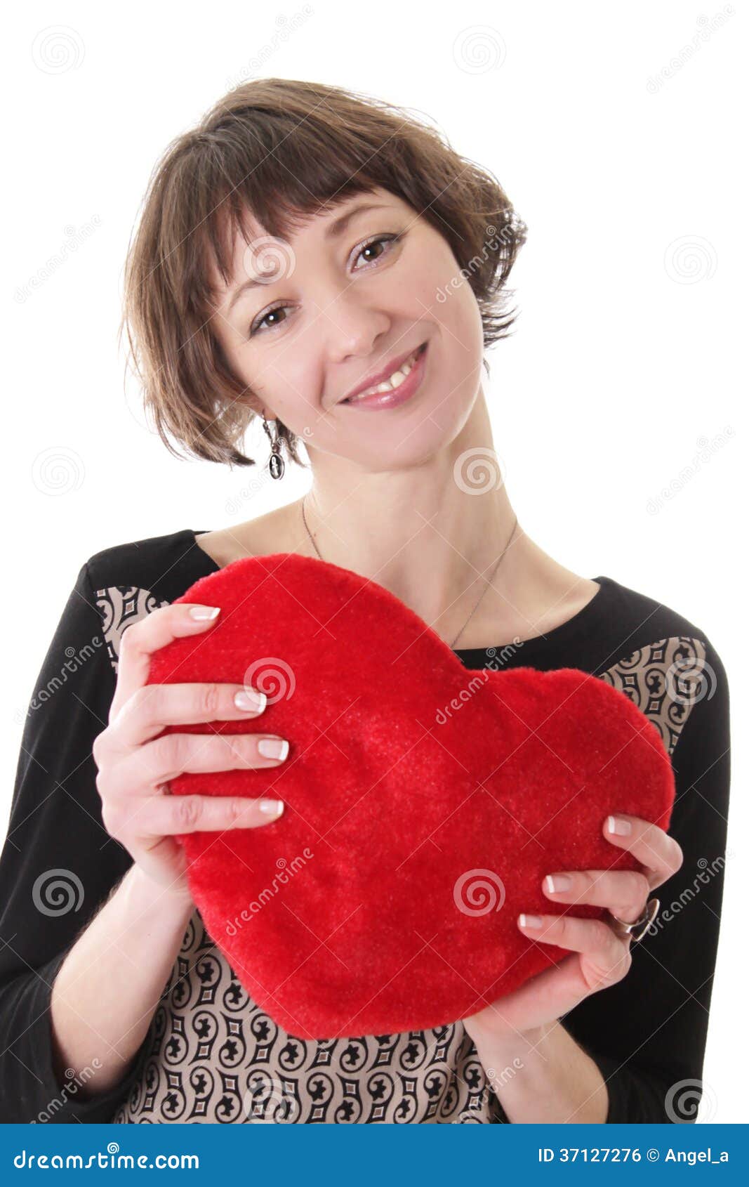 Smiling Woman with Red Plush Heart Stock Photo - Image of beautiful ...