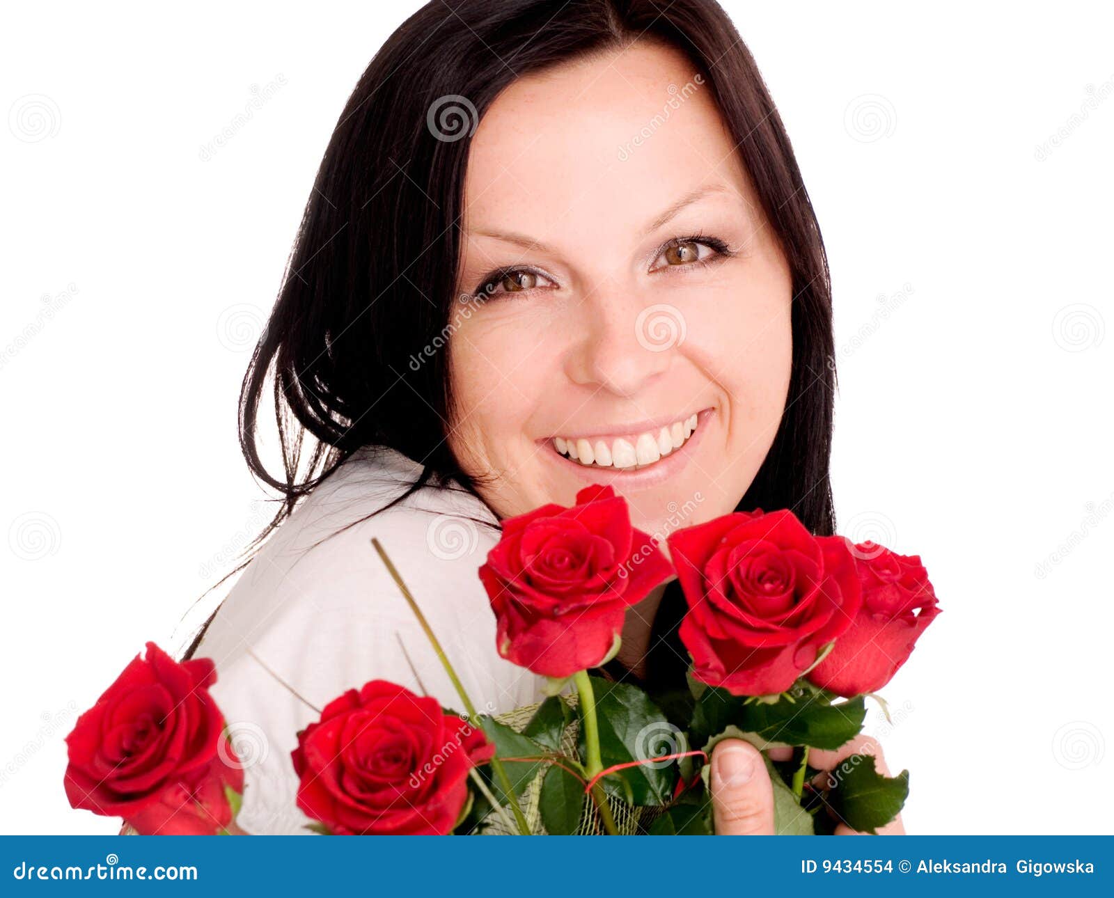 Smiling Woman with Red Roses Stock Photo - Image of brunette, feast ...