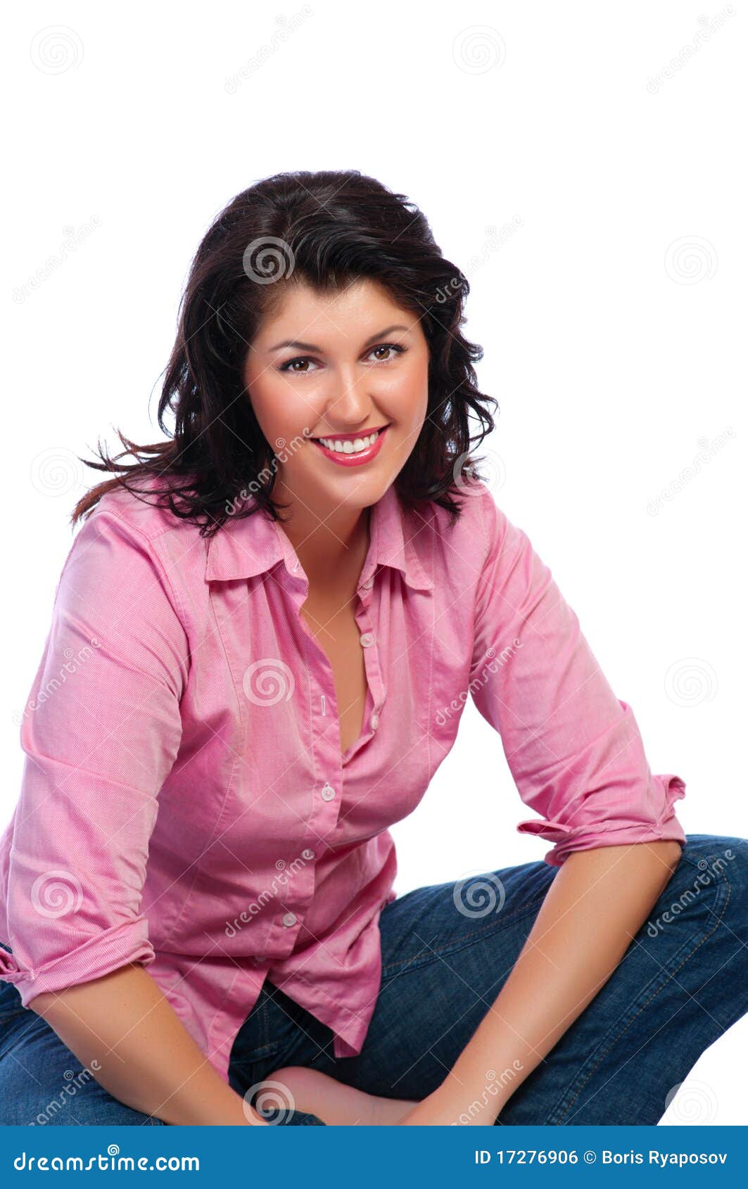 Smiling woman in red shirt stock photo. Image of hair - 17276906
