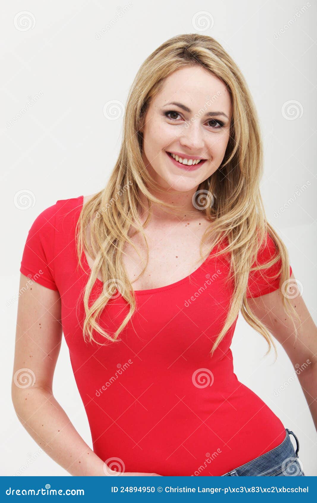 Smiling woman in red shirt stock photo. Image of model - 24894950