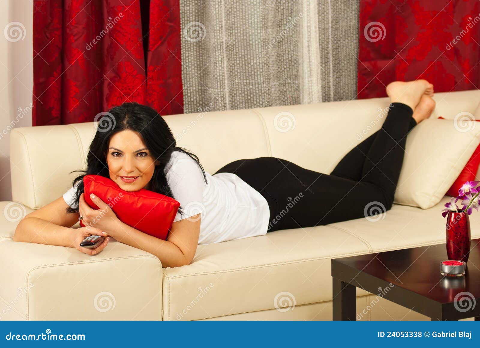 Smiling Woman Relaxing on Couch Stock Photo - Image of healthy, closeup ...