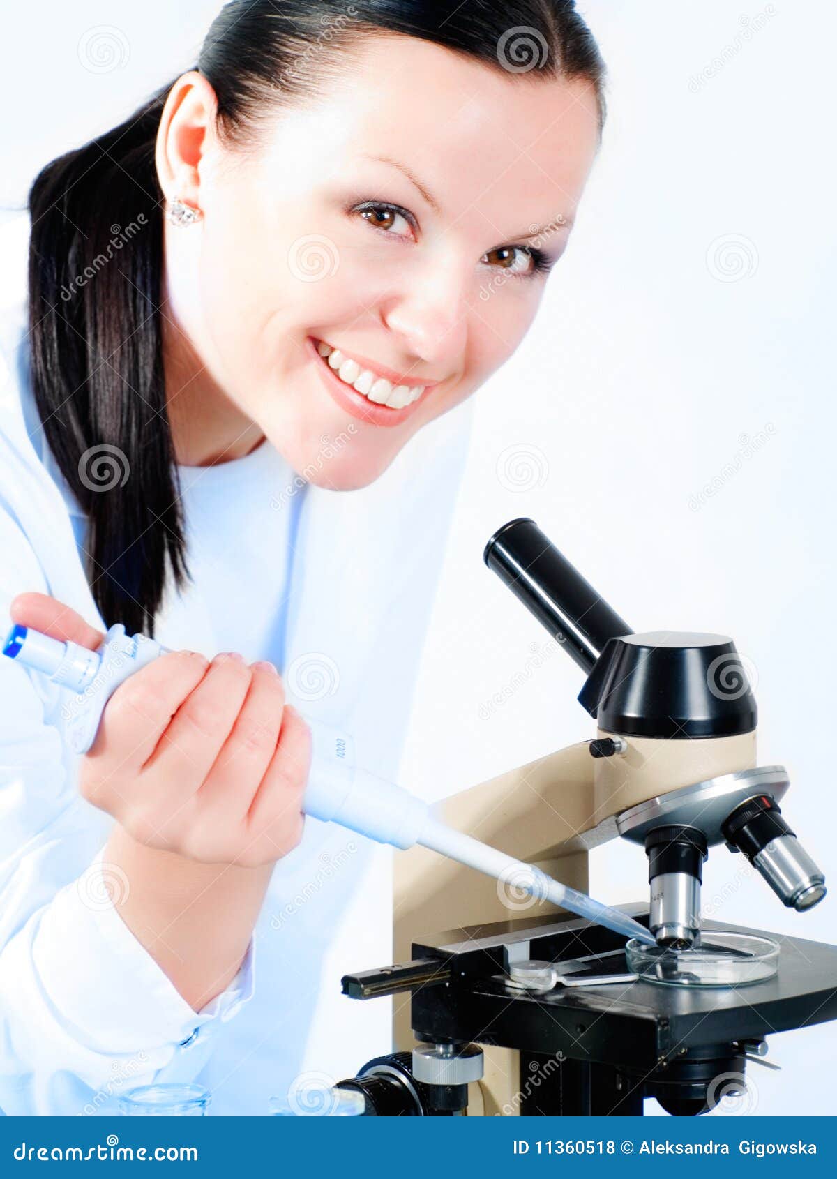 Smiling Woman Researching on a Mi Stock Photo - Image of happy ...