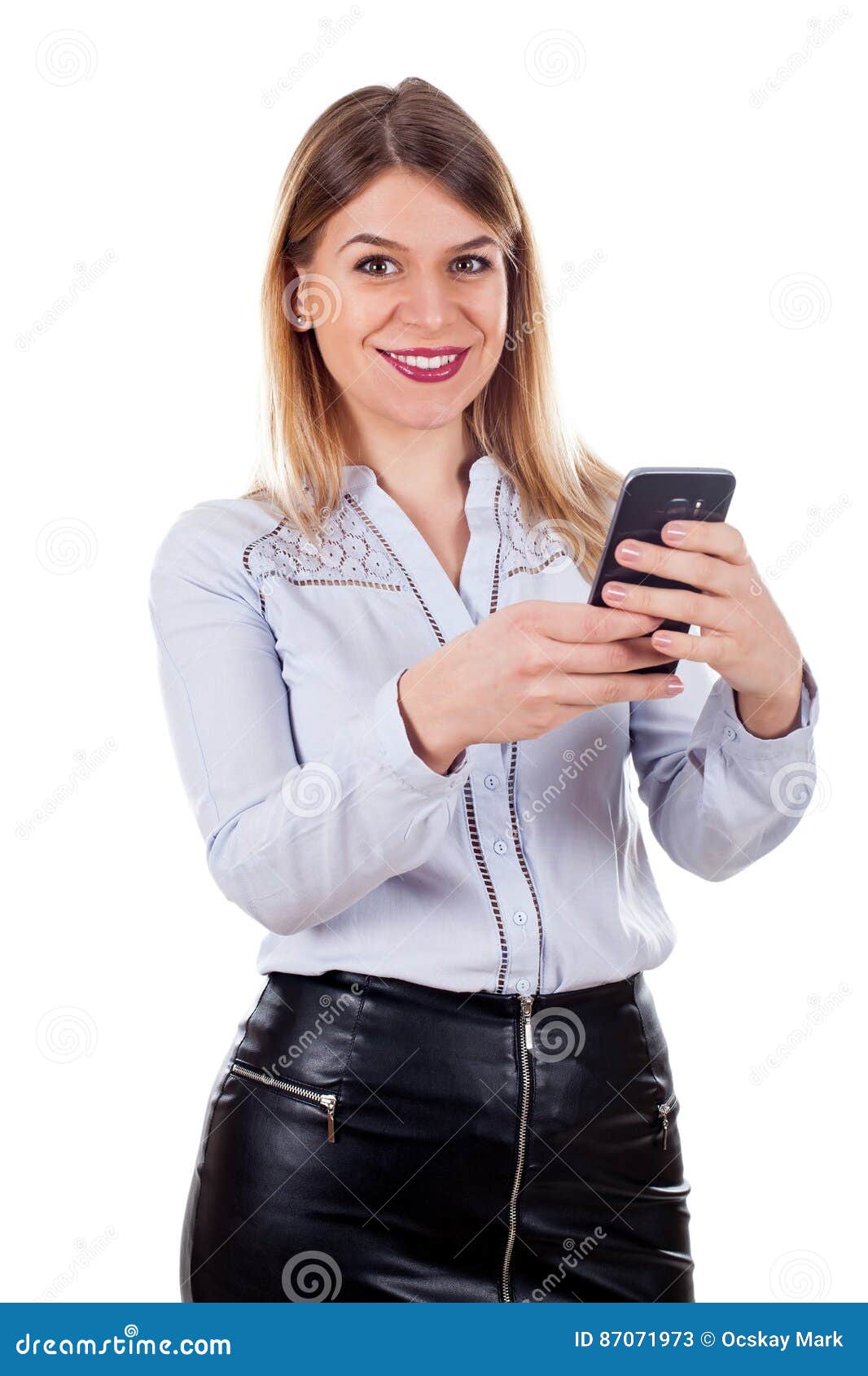 Smiling Woman Sending a Message Stock Image - Image of media, chat ...