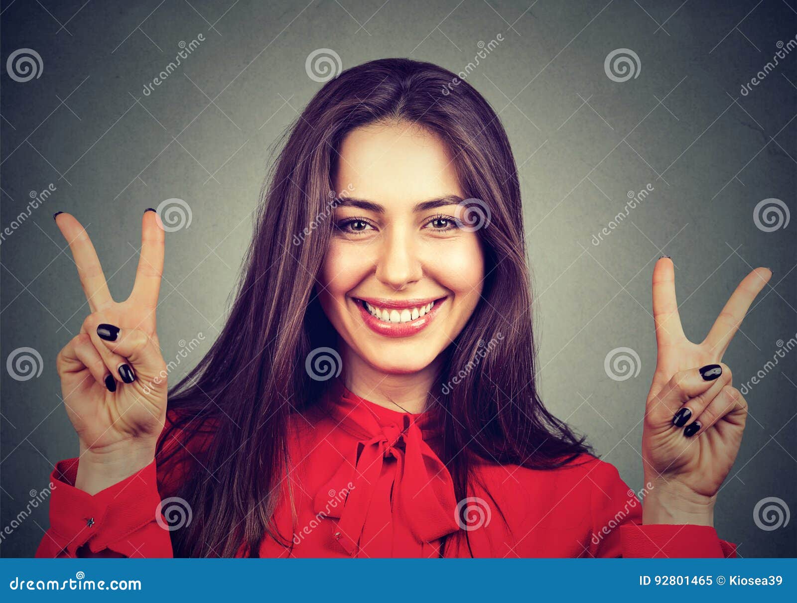 Smiling Woman Showing Peace Hand Sign with Both Hands Stock Image ...