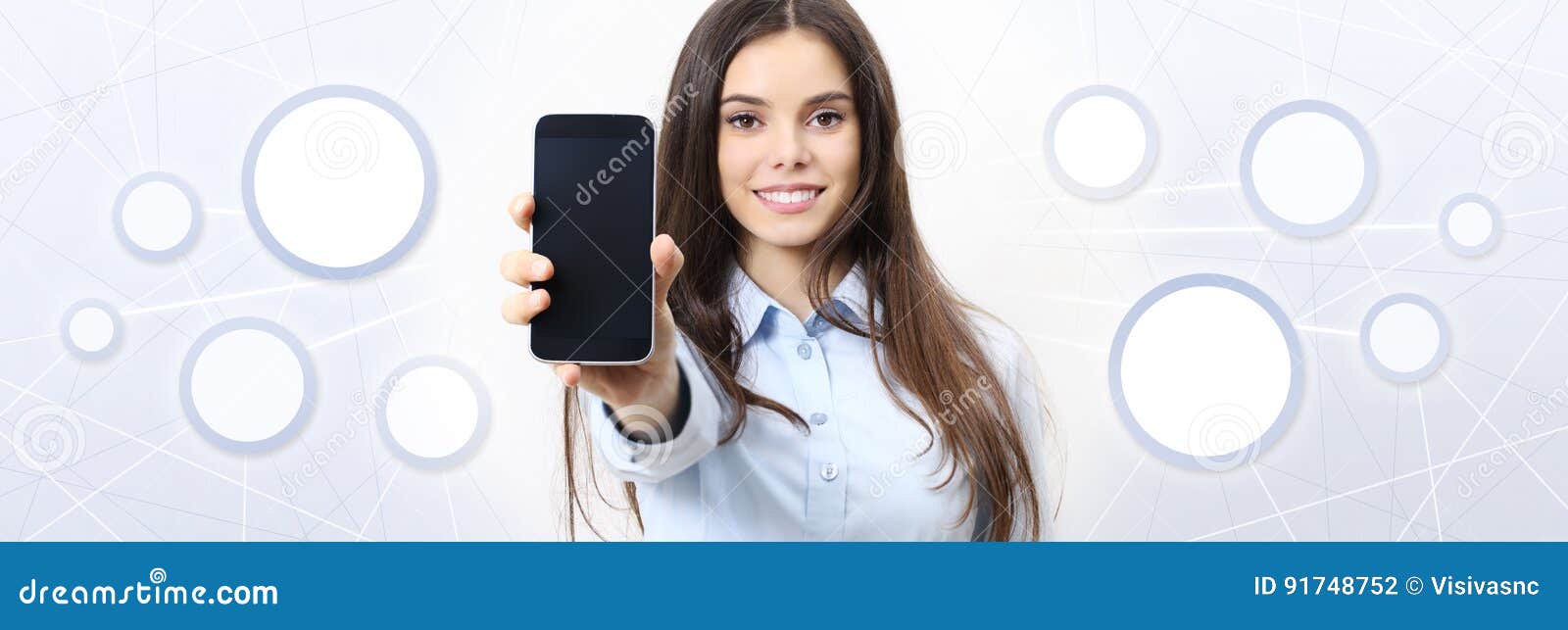 Smiling Woman Shows Smartphone, Social Media, Social Network Stock ... Smiling Woman Shows Smartphone, Social Media, Social Network Stock ...