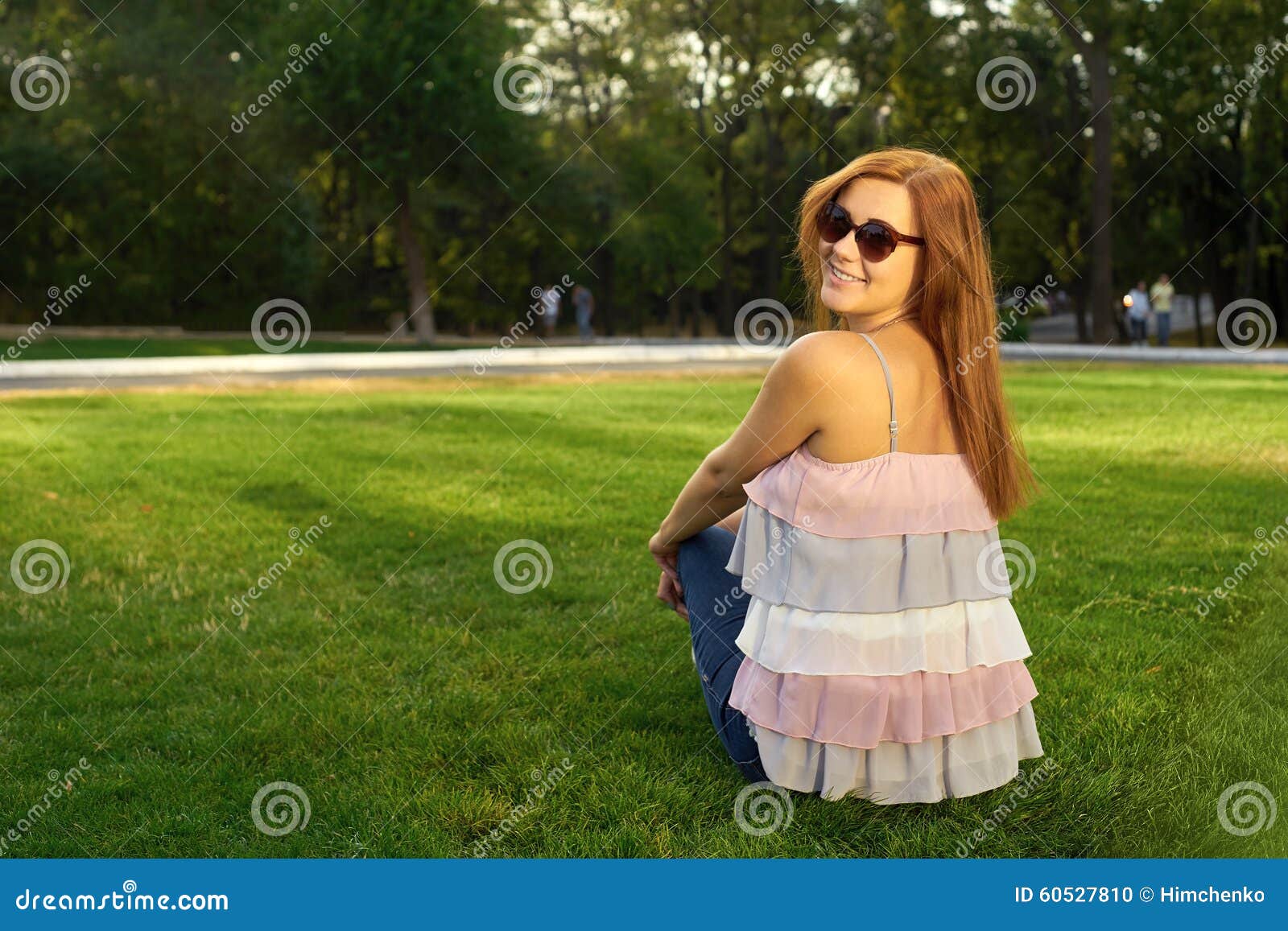 Smiling Woman Sit on a Lawn Stock Photo - Image of happiness, human ...