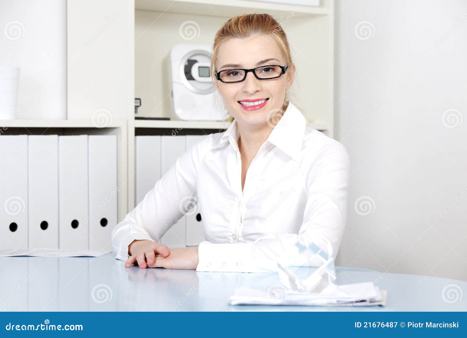 Smiling Woman Sitting Behind the Desk. Stock Image - Image of face ...
