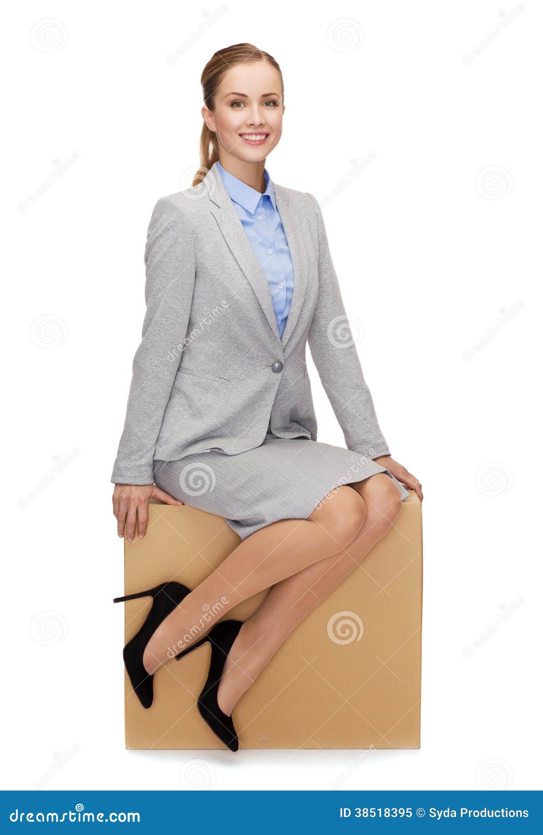 Smiling Woman Sitting on Cardboard Box Stock Image - Image of parcel ...