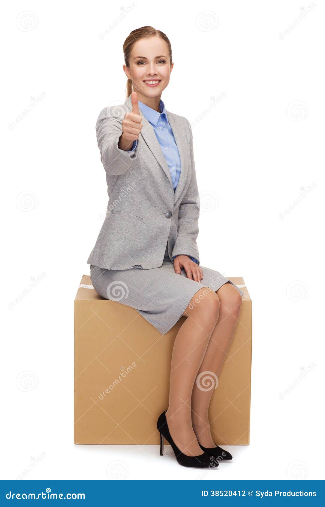 Smiling Woman Sitting on Cardboard Box Stock Photo - Image of packed ...