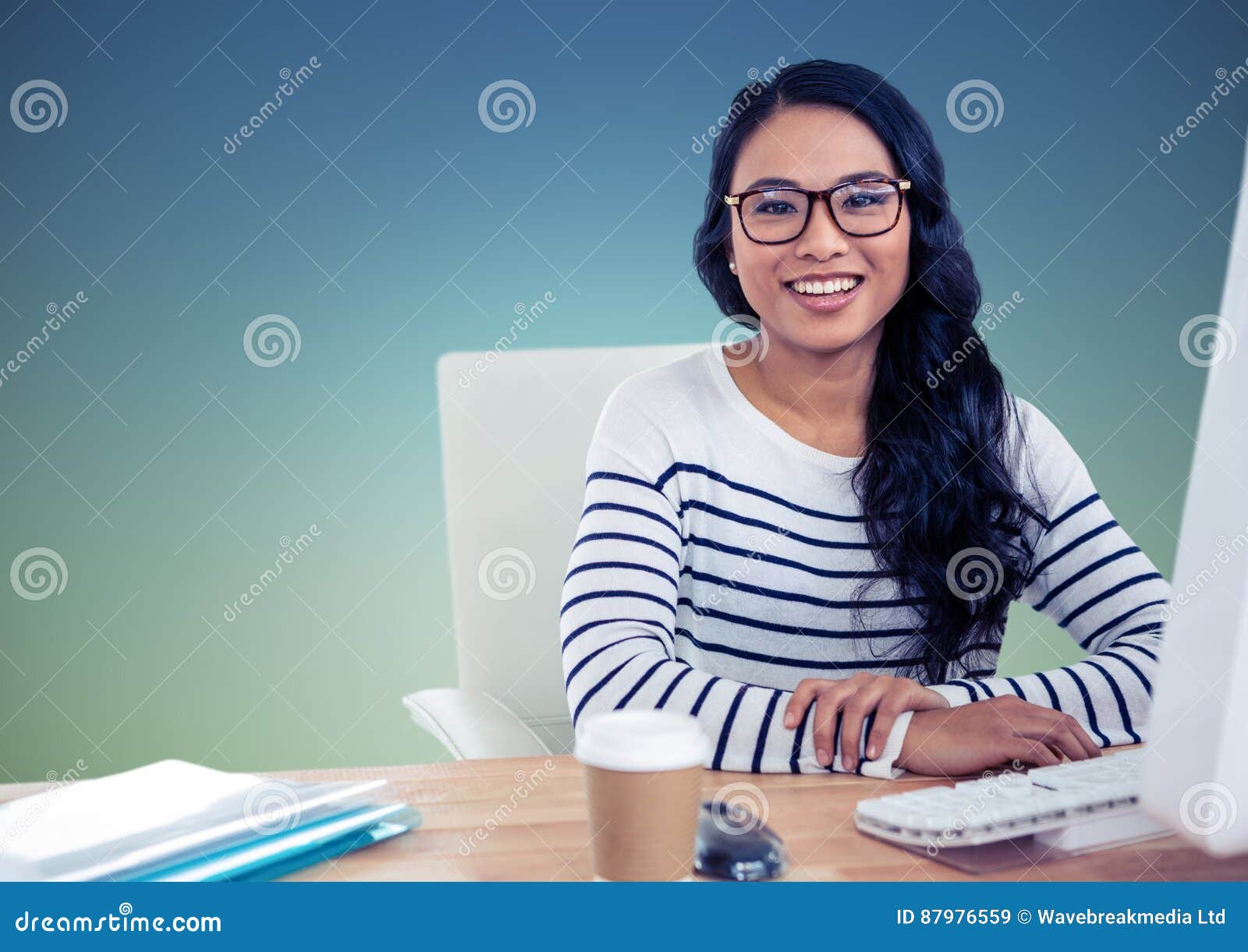 Smiling Woman Sitting at Computer Desk Stock Image - Image of ...