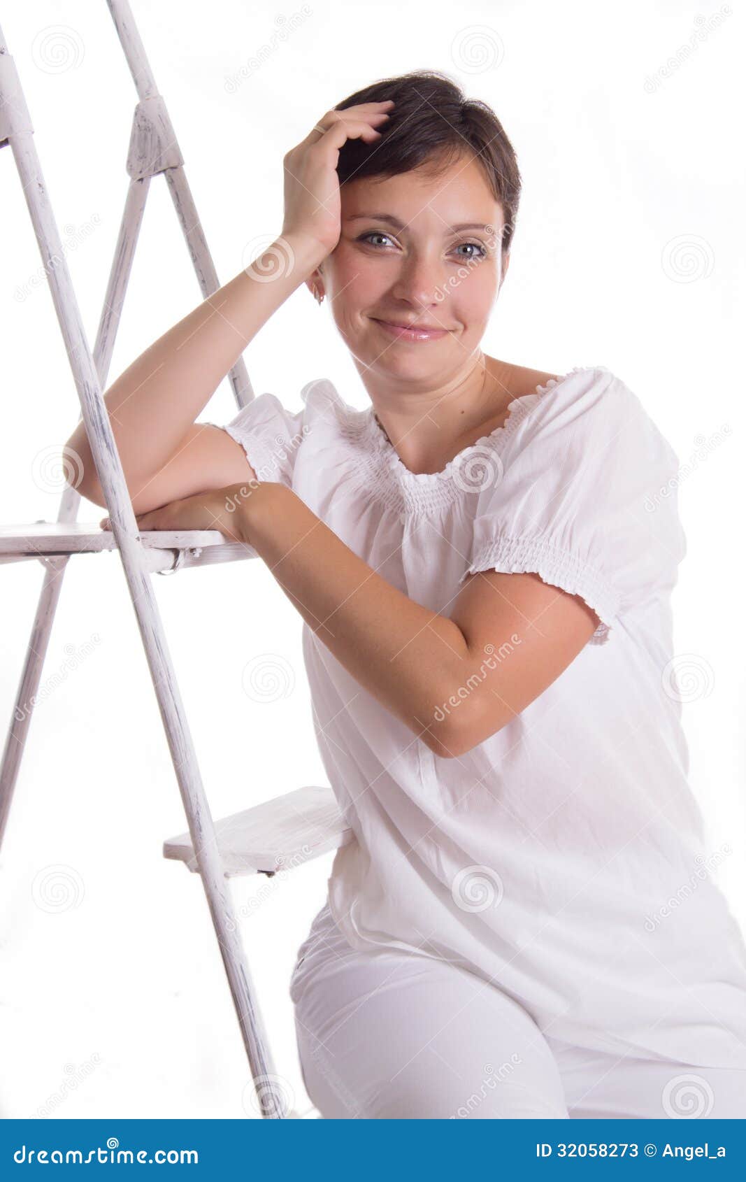 Smiling Woman Sitting on Step Ladder Stock Image - Image of caucasian ...