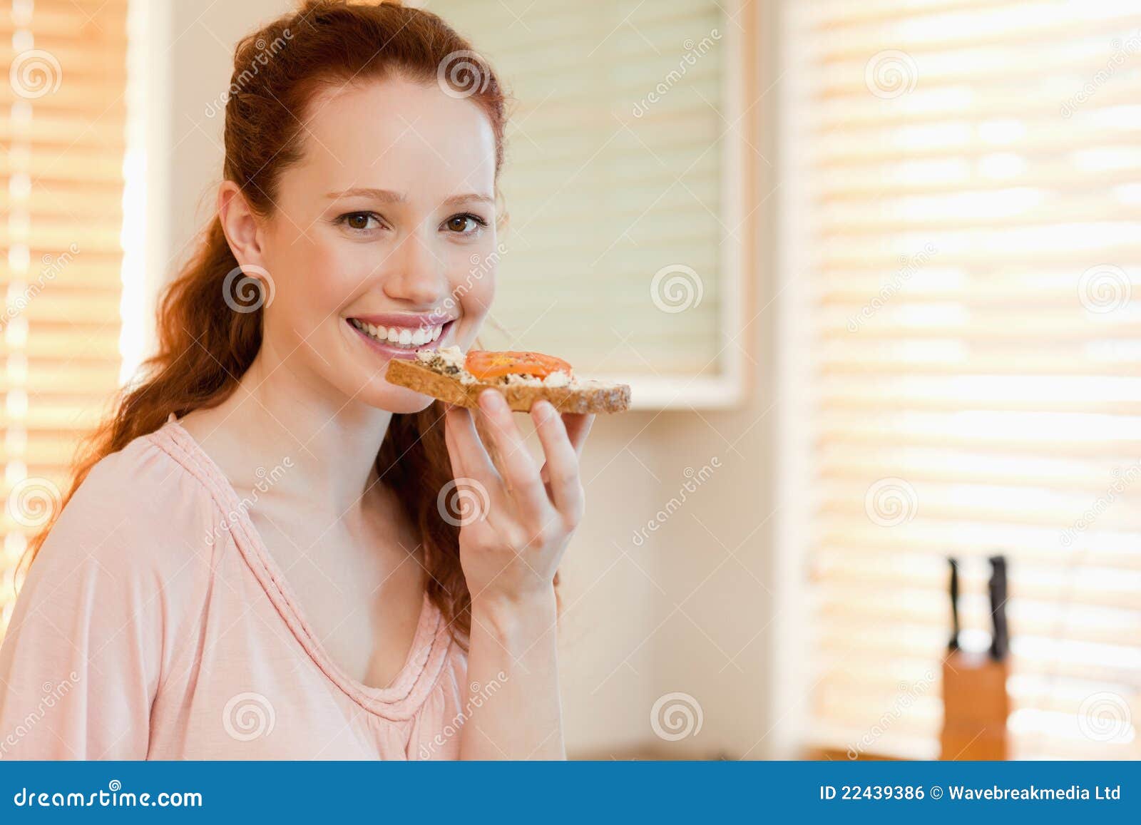 Smiling Woman with Slice of Bread Stock Photo - Image of cuisine ...