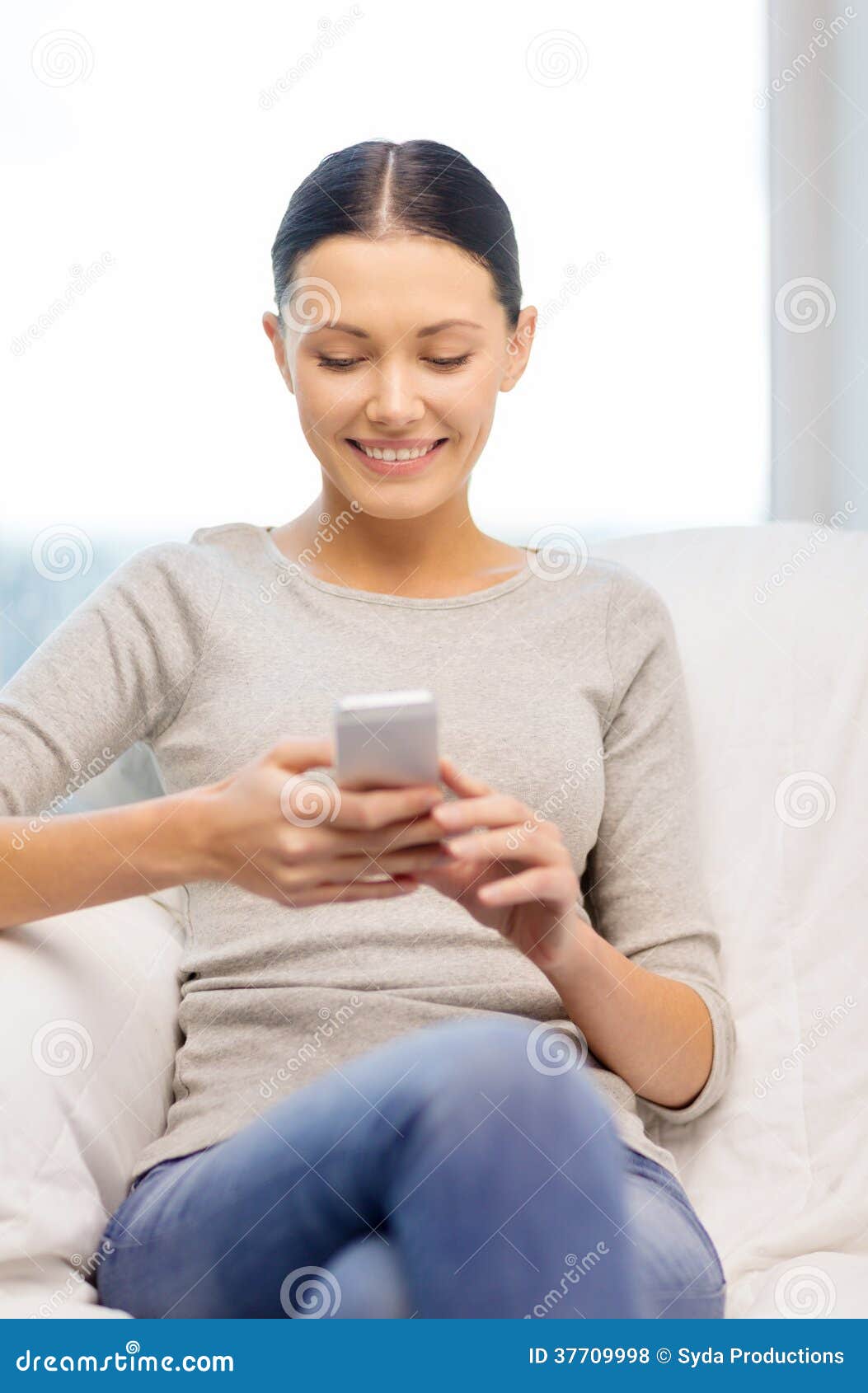 Smiling Woman with Smartphone at Home Stock Photo - Image of adult ...