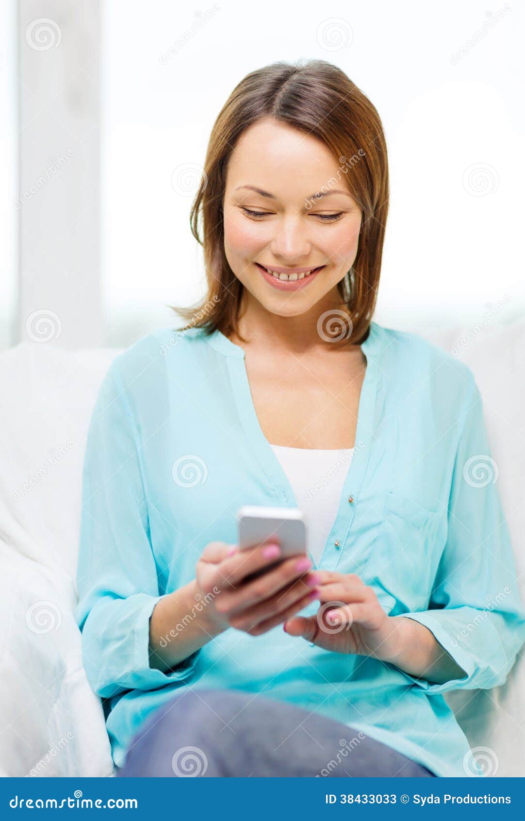 Smiling Woman with Smartphone at Home Stock Image - Image of ...