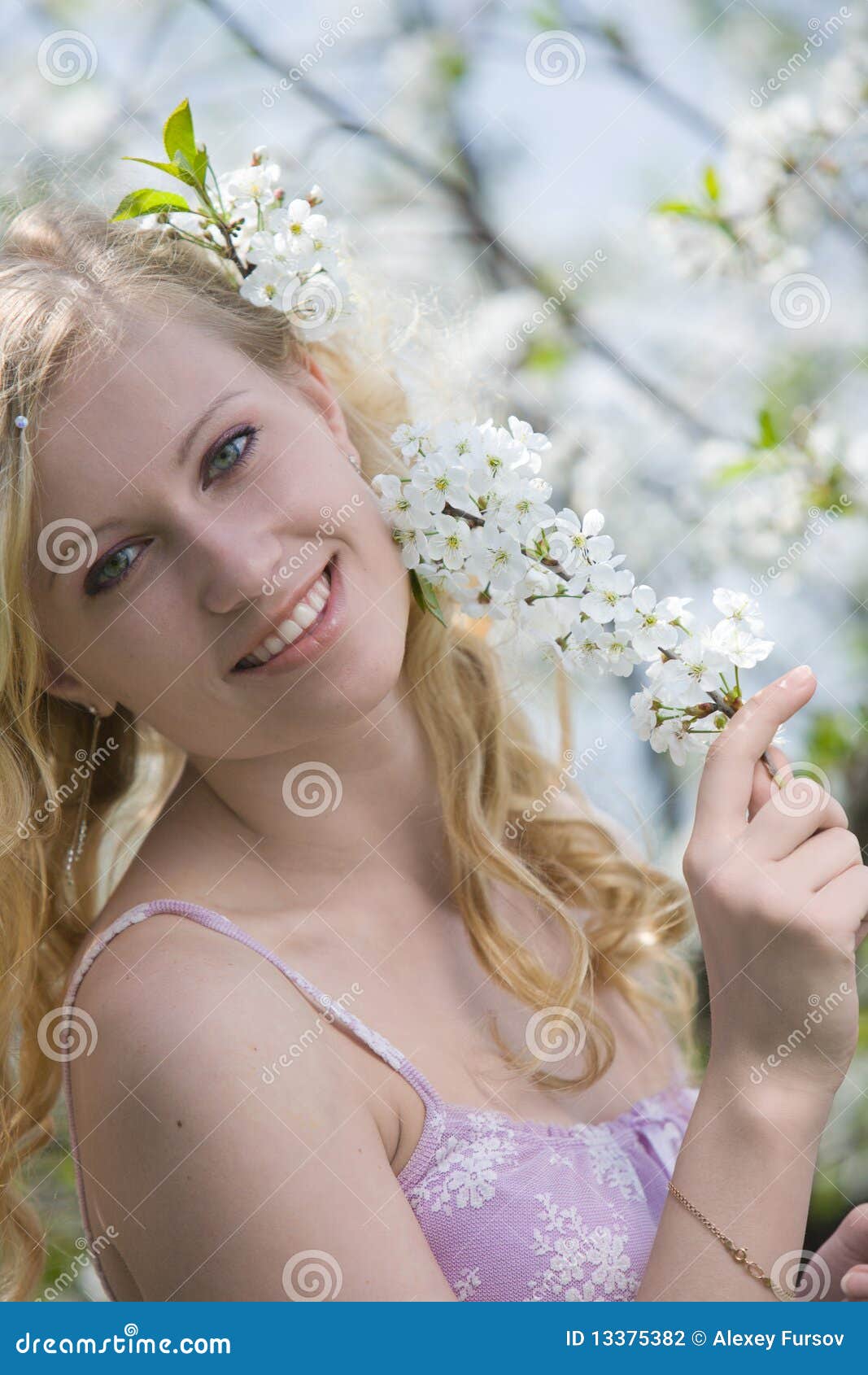 Smiling woman at spring stock photo. Image of bloom, cherry - 13375382