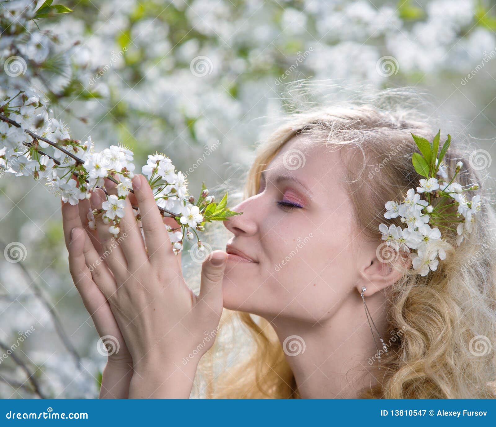 Smiling woman at spring stock image. Image of blossom - 13810547