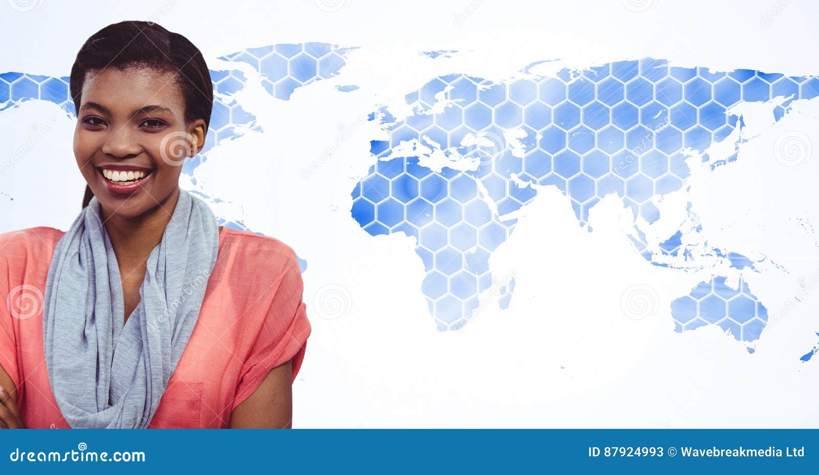 Smiling Woman Standing Against World Map with Hexagonal Pattern Stock ...