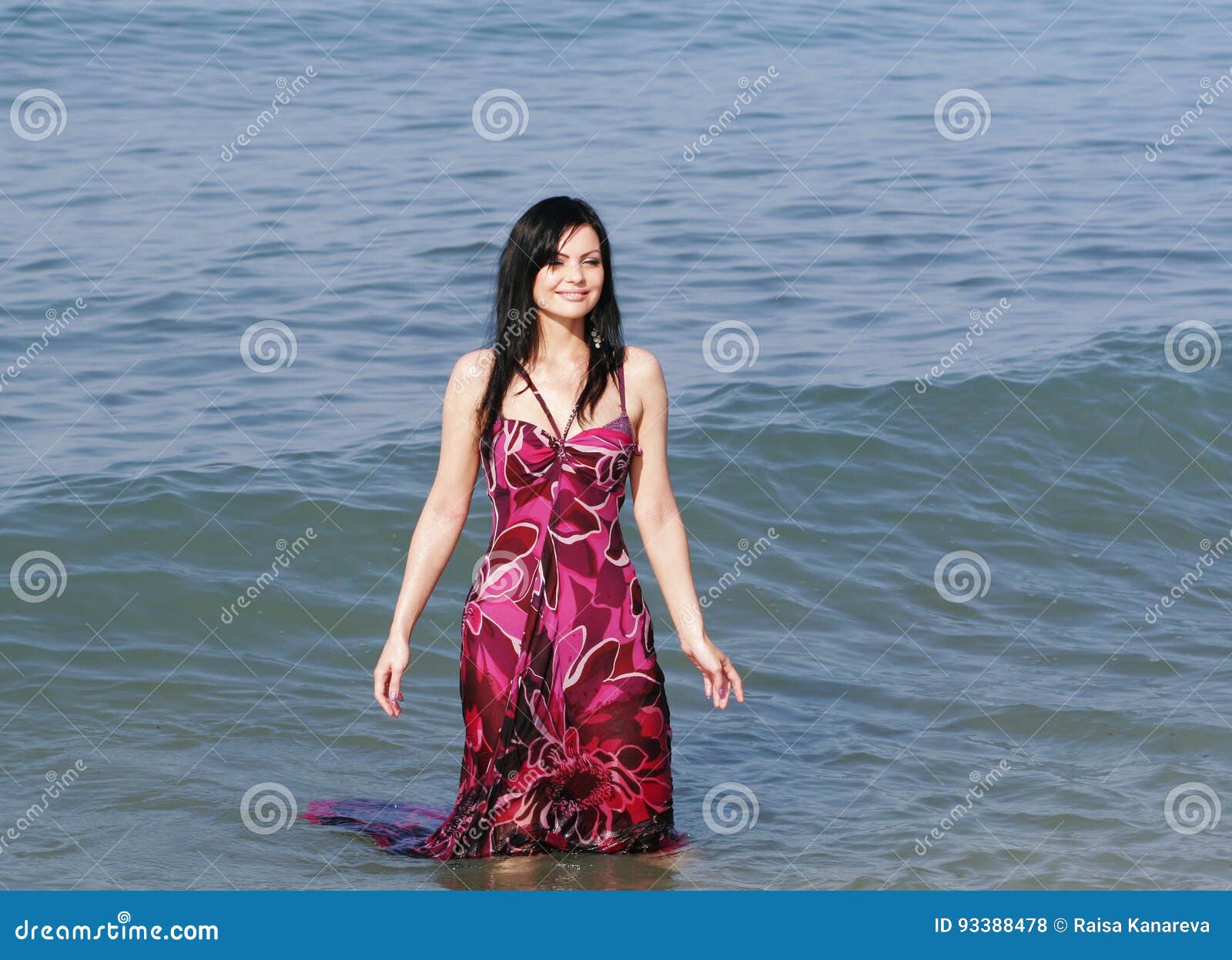 Smiling Woman Standing in Sea Waves Stock Photo - Image of girl, beach ...