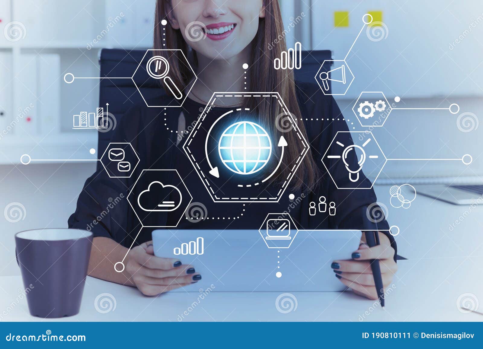 Smiling Woman with Tablet, Cloud Computing Stock Image - Image of ...