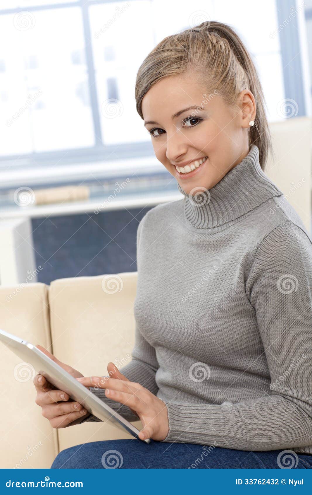 Smiling Woman with Tablet Computer Stock Photo - Image of contact, face ...