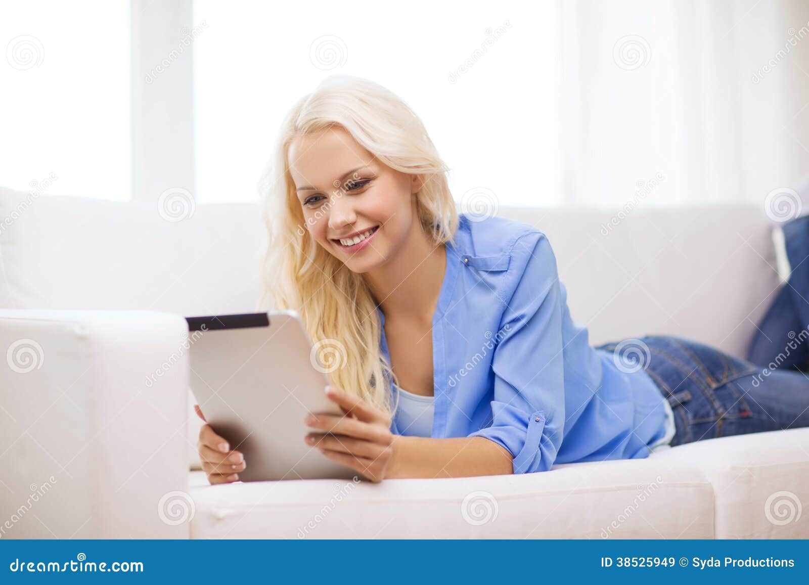 Smiling Woman with Tablet Pc Computer at Home Stock Image - Image of ...