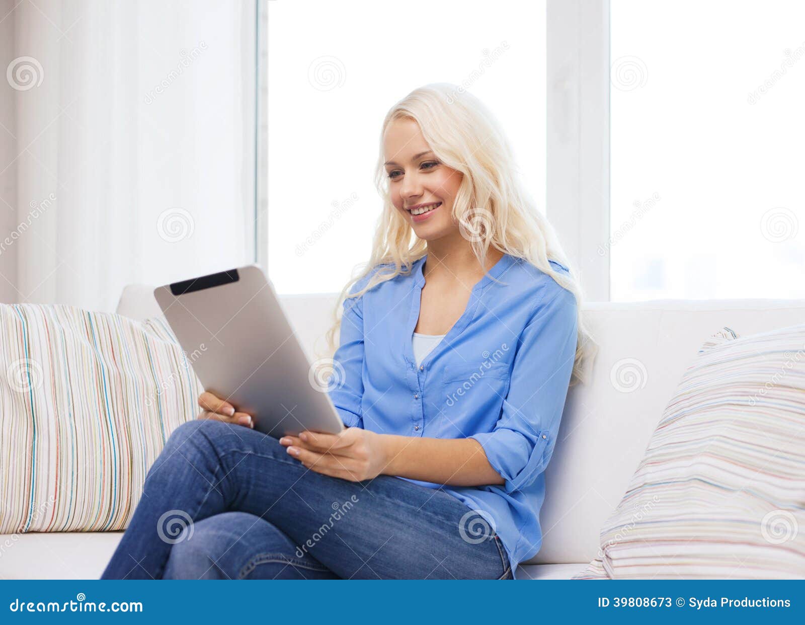Smiling Woman with Tablet Pc Computer at Home Stock Image - Image of ...