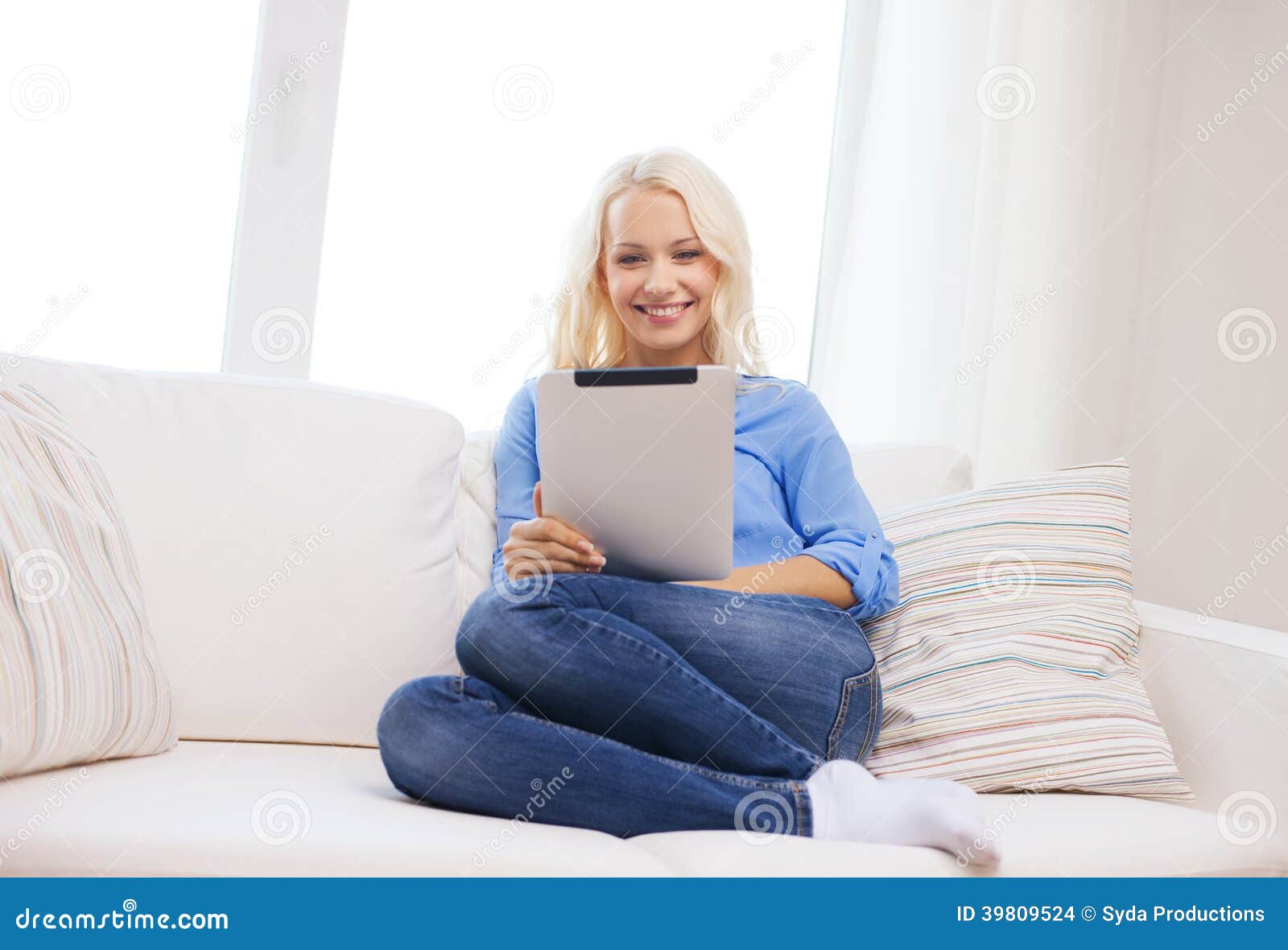 Smiling Woman with Tablet Pc Computer at Home Stock Photo - Image of ...